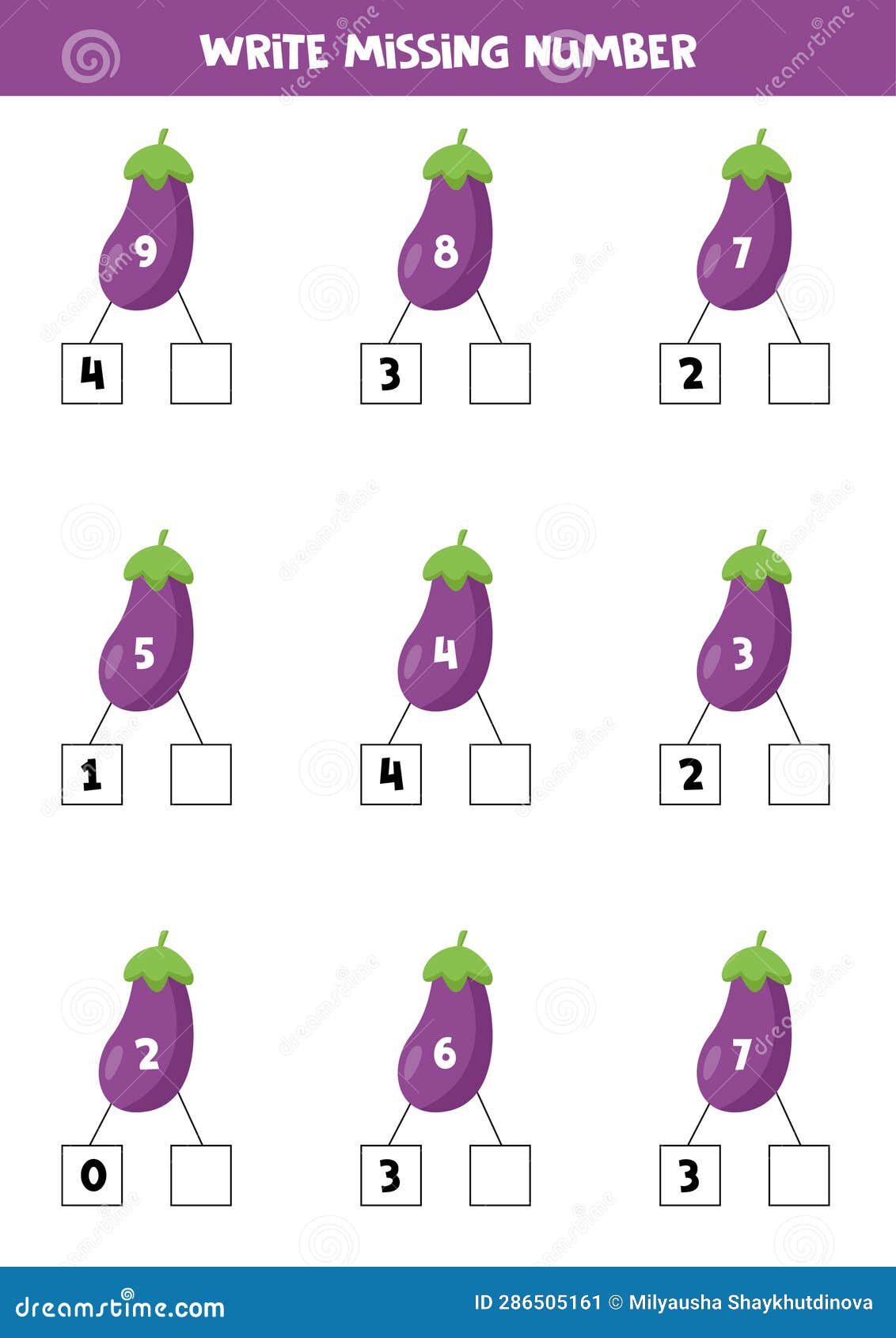 Number Bonds with Cute Cartoon Eggplants for Kids Stock Vector ...