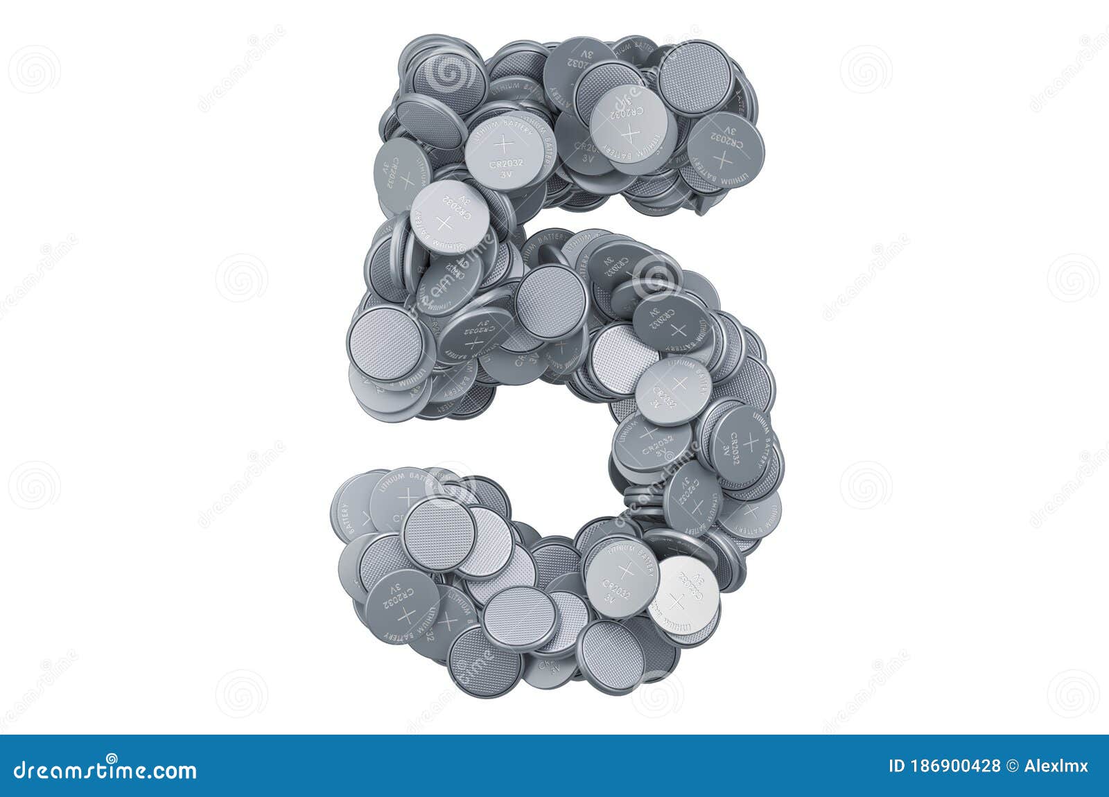 Number 5 from Button Cells, 3D Rendering Stock Illustration ...
