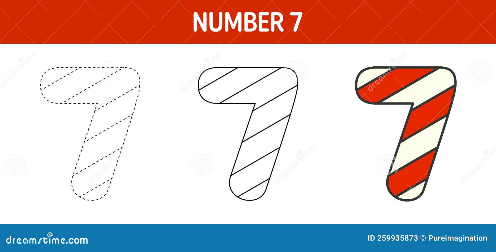 Number 7 Candy Cane, Tracing and Coloring Worksheet for Kids Stock ...