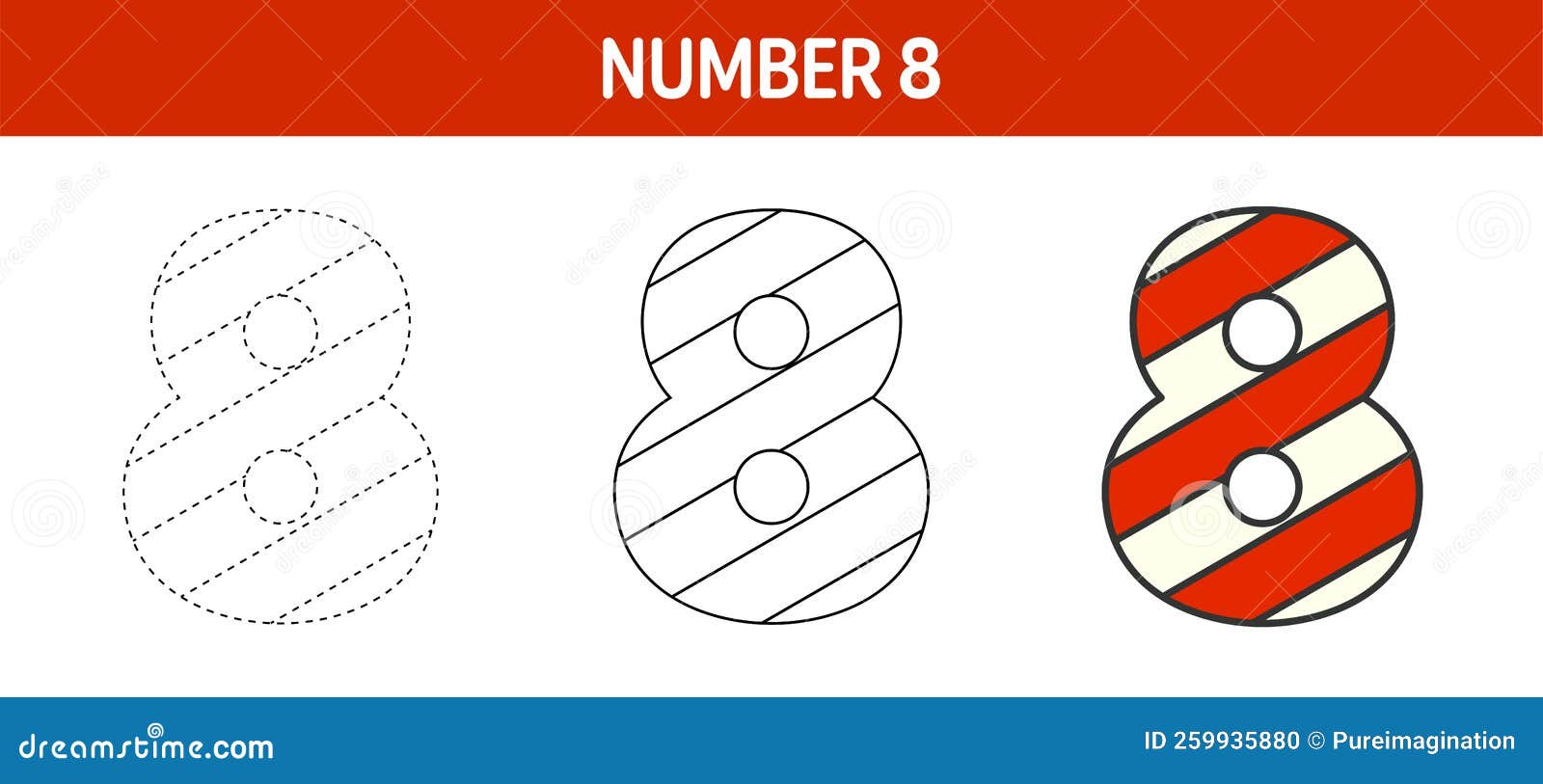 Number 8 Candy Cane, Tracing and Coloring Worksheet for Kids Stock ...