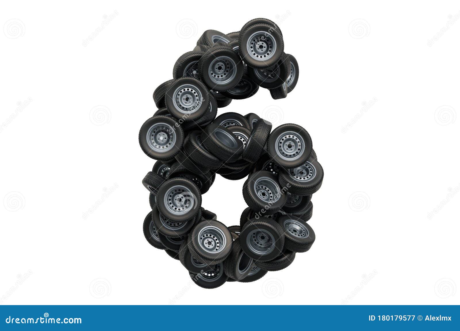 Number 6 from Car Wheels, 3D Rendering Stock Illustration ...