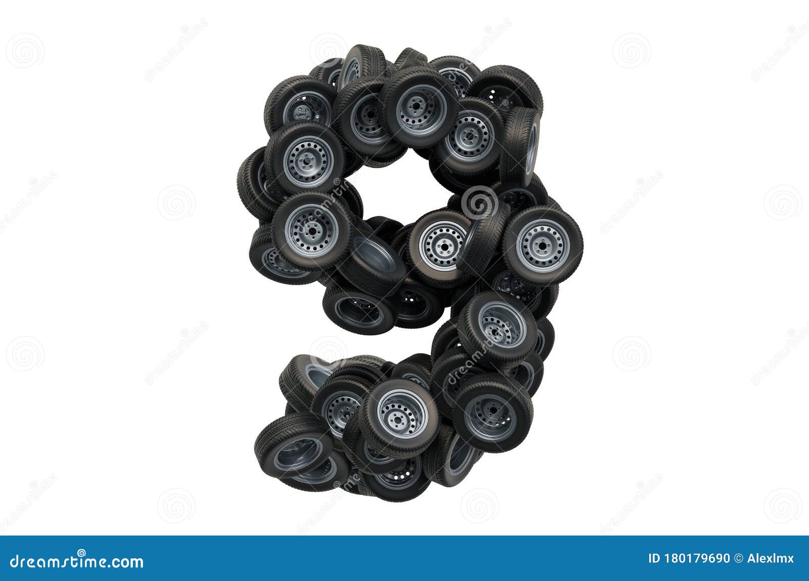 Number 9 from Car Wheels, 3D Rendering Stock Illustration ...