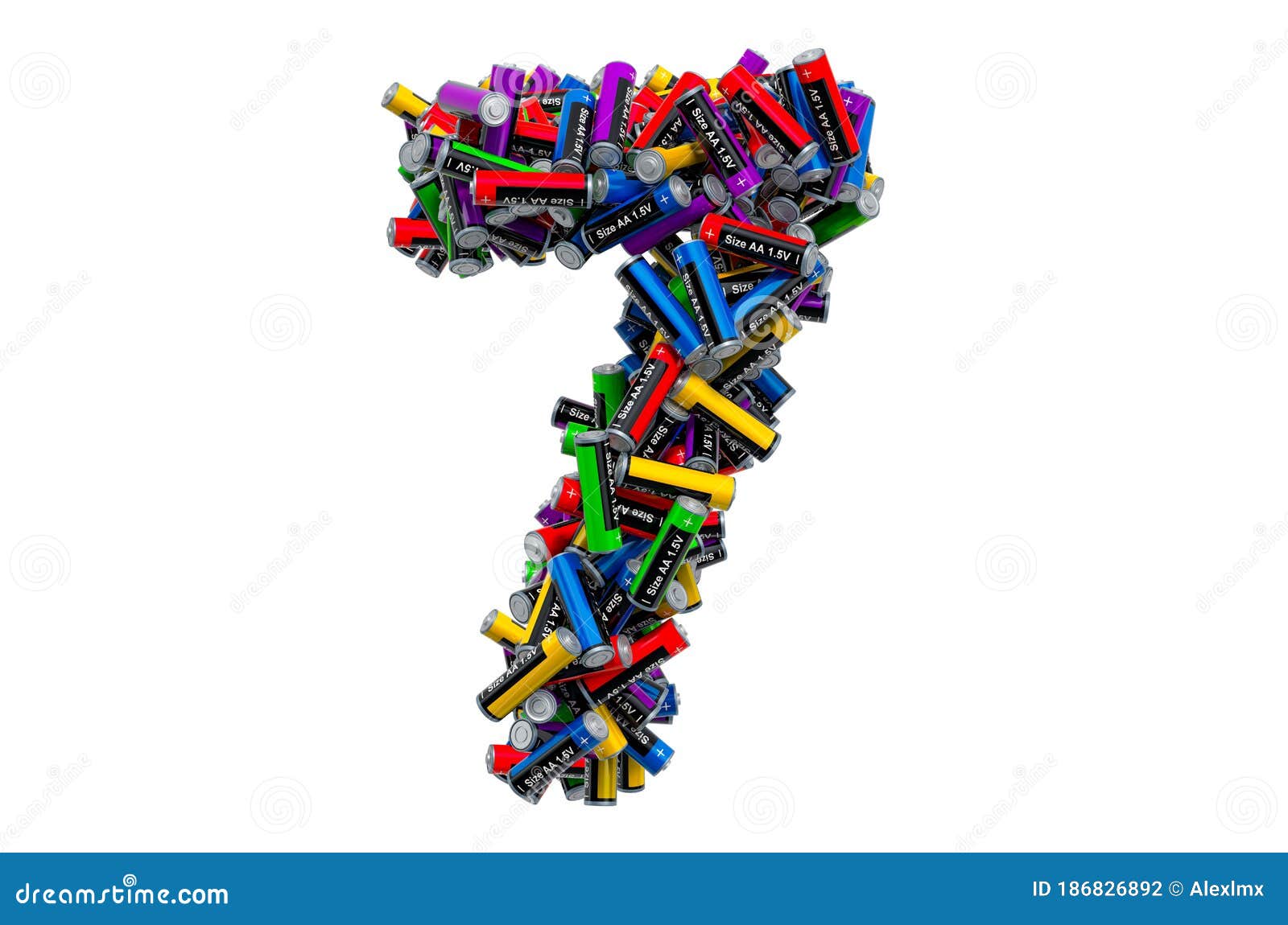 Number 7 from Colored AA Batteries, 3D Rendering Stock Illustration ...
