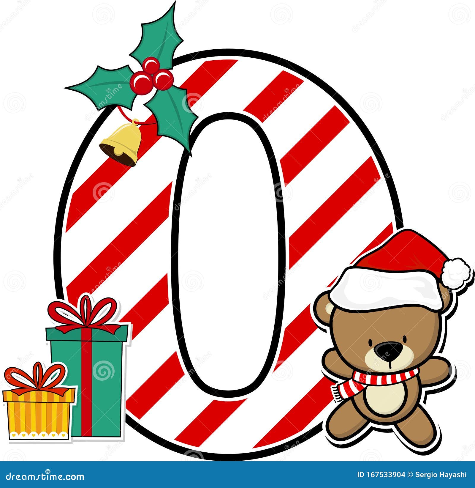 Number 0 with Cute Teddy Bear and Christmas Design Elements Stock ...