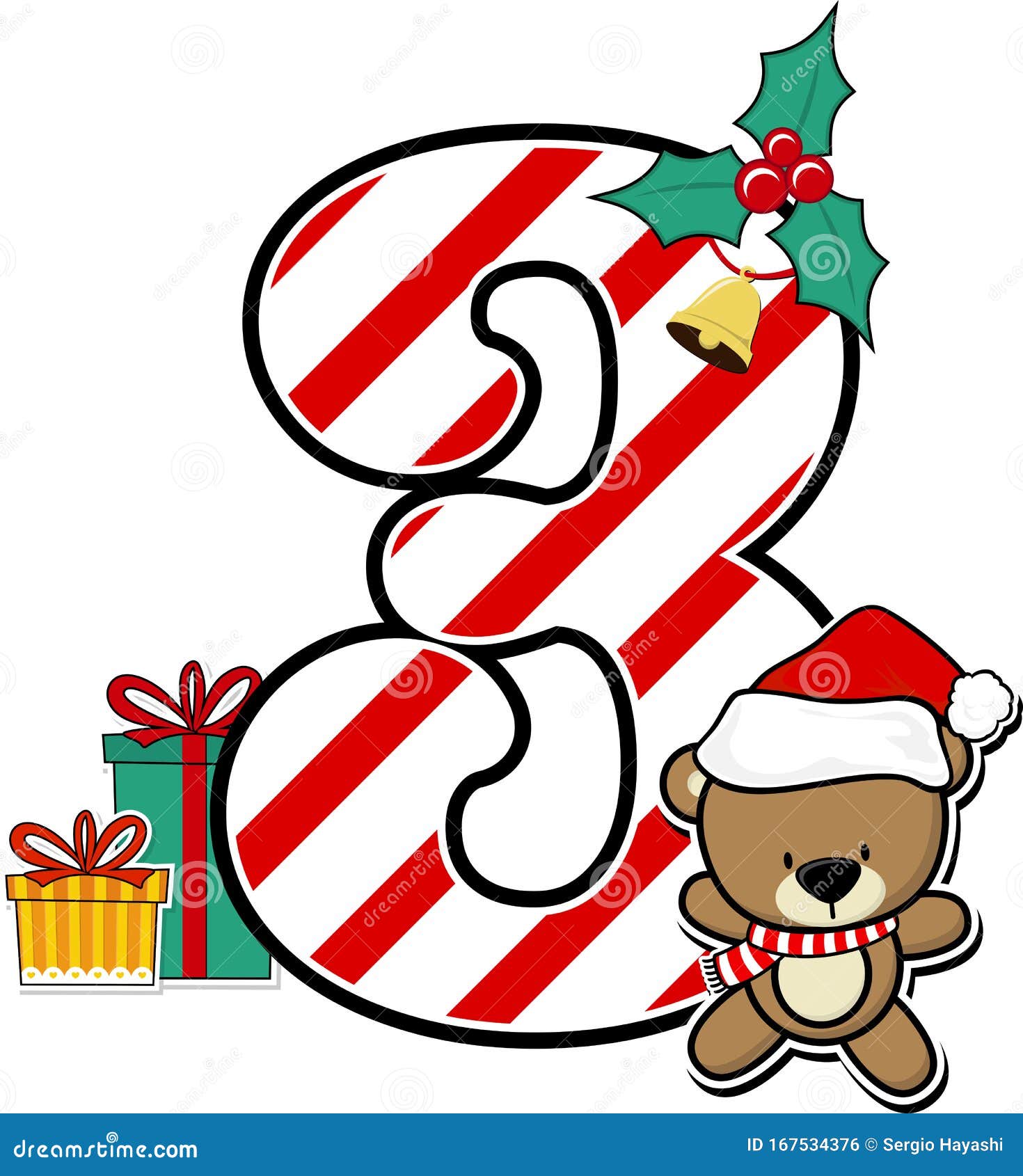 Number 3 with Cute Teddy Bear and Christmas Design Elements Stock ...