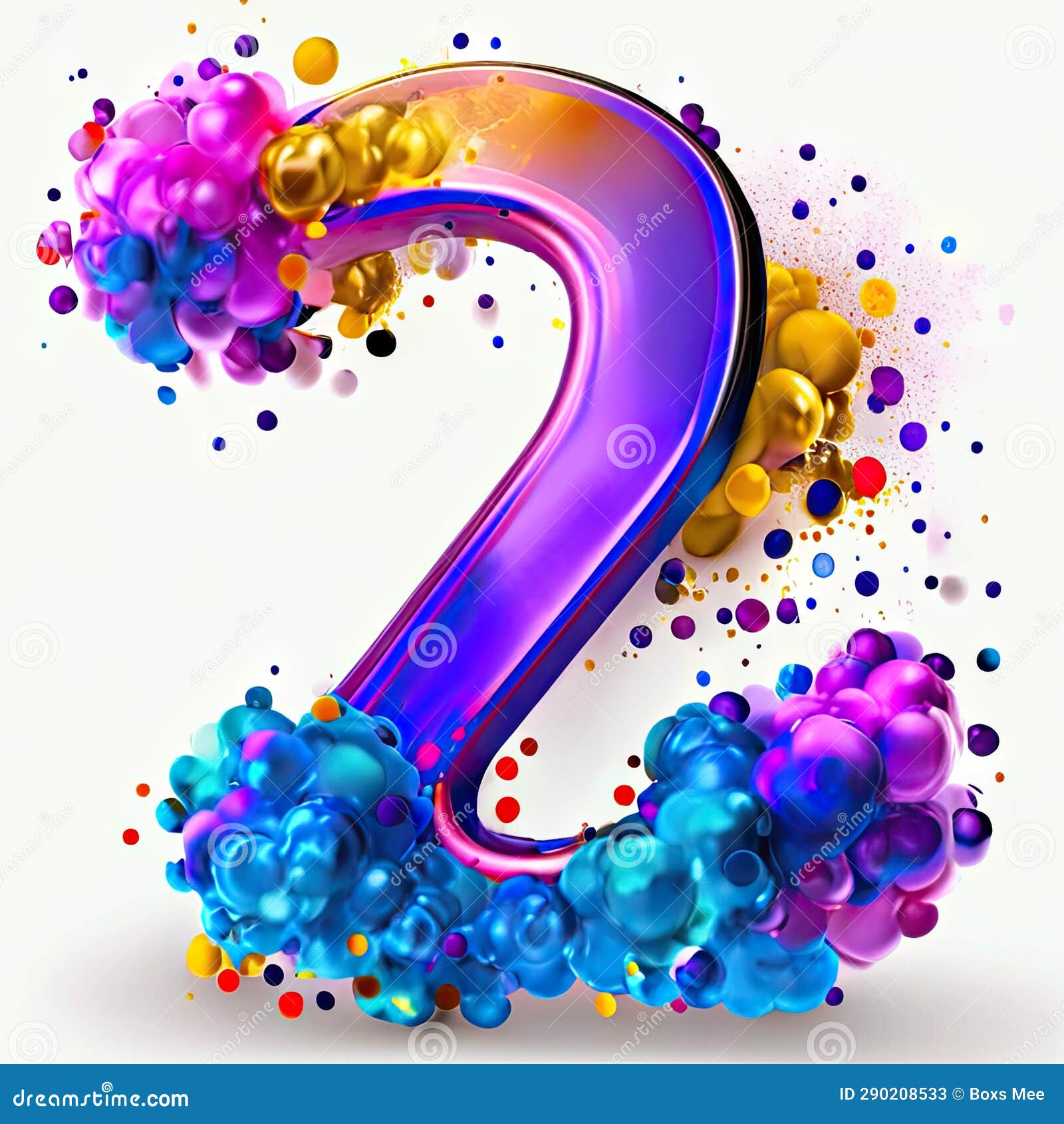 Number 2 in 3D, Multicolored Spheres and Confetti. 3D Rendering AI ...