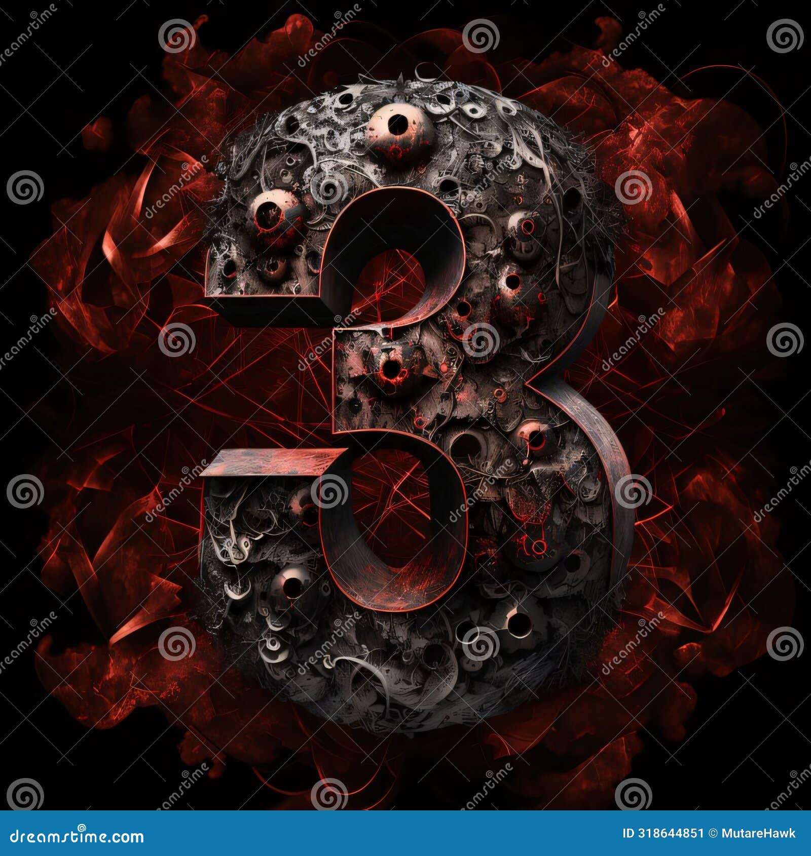 Number 3 on a Dark Background with Red Smoke. 3d Rendering Stock ...