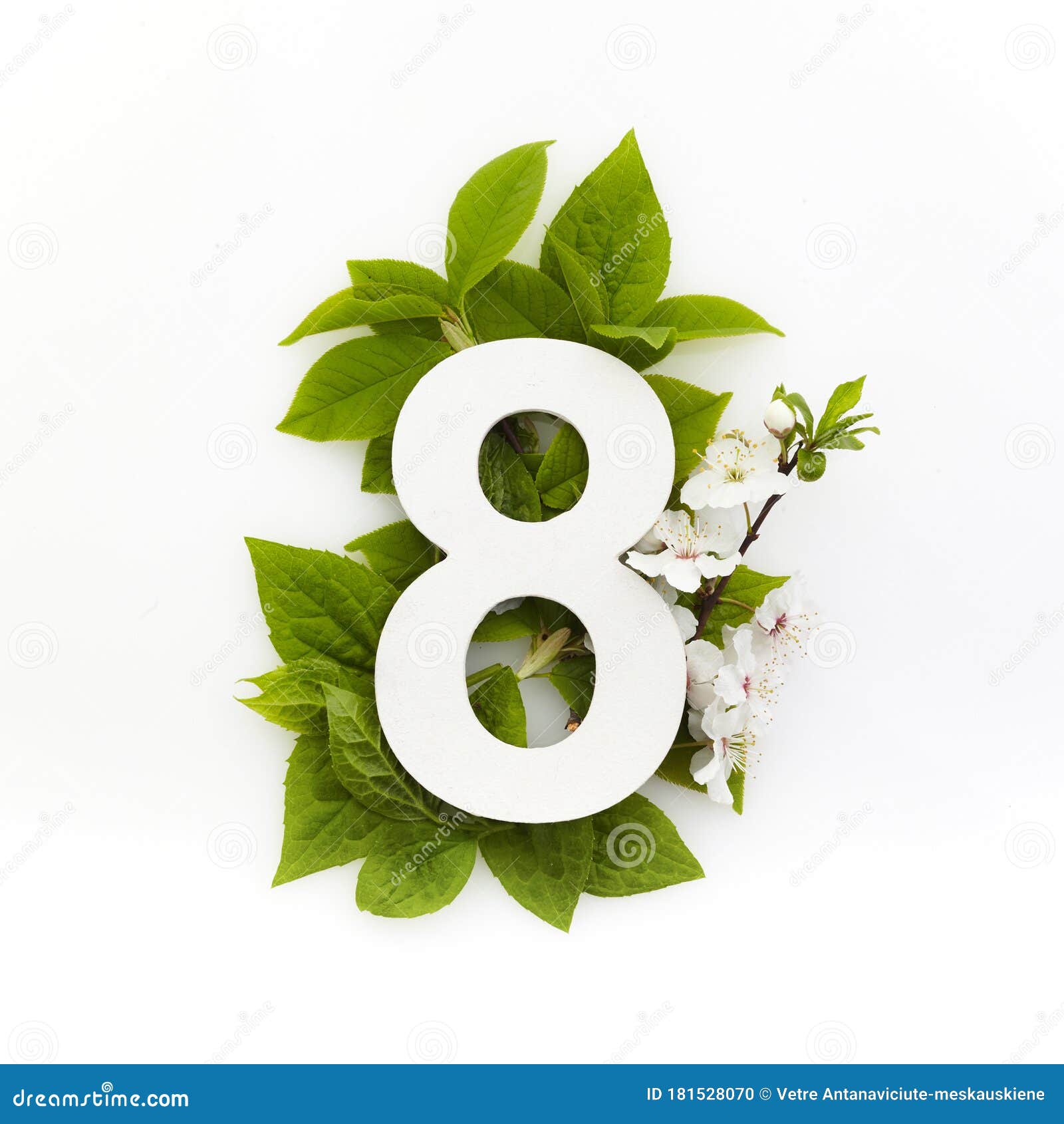 Number Eight with Green Leaves. Minimal Summer Concept. Flat Lay. Stock ...