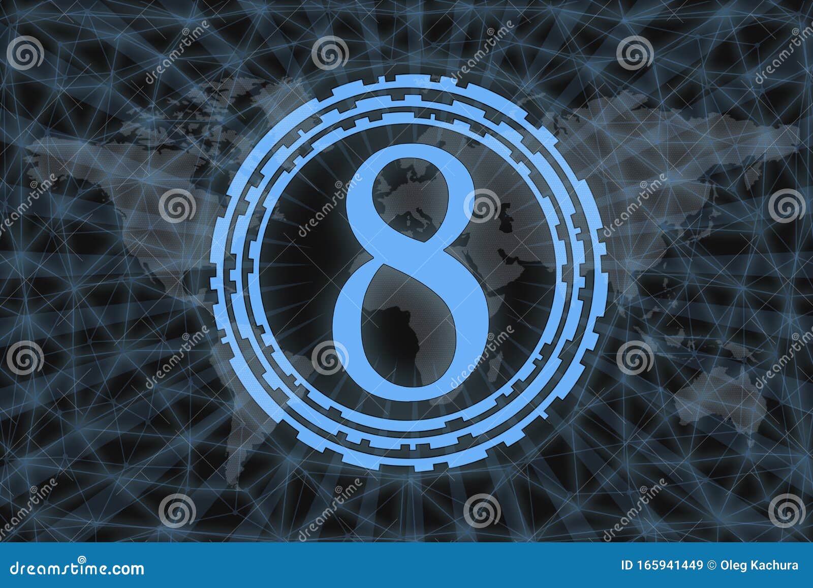 Number Eight in a Laurel Wreath on a Dark Background with a World Map ...