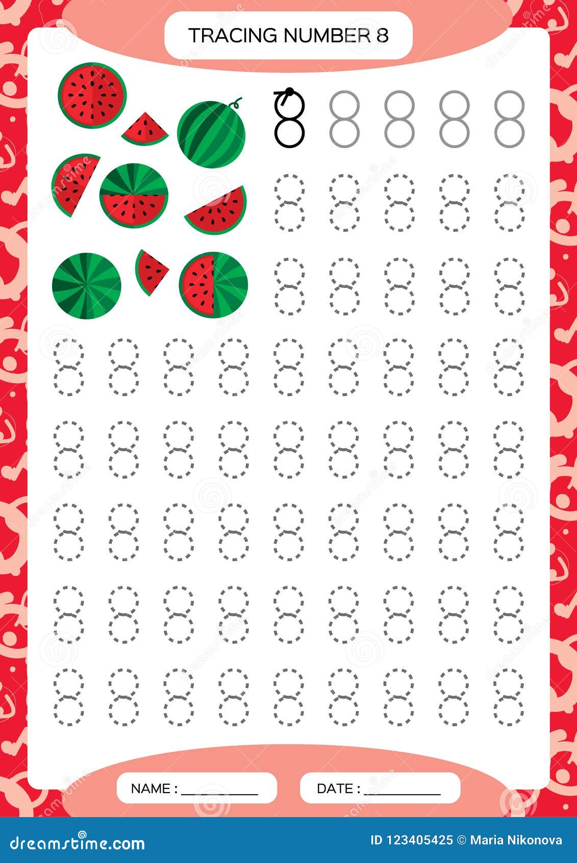 Number 8. Eight . Tracing Worksheet for Kids. . Watermelon Stock Vector ... Number 8. Eight . Tracing Worksheet for Kids. . Watermelon Stock Vector ...