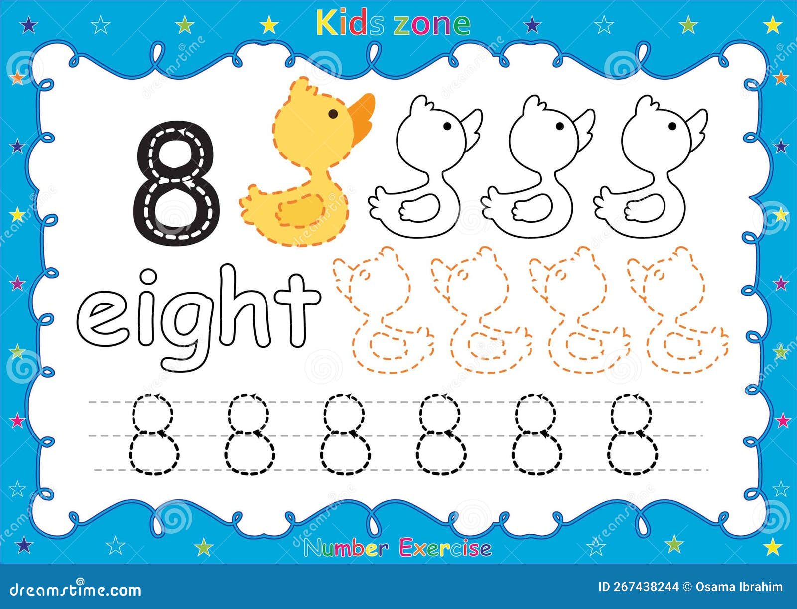 Number Exercise with Cartoon Coloring Book Kids. Stock Illustration ...