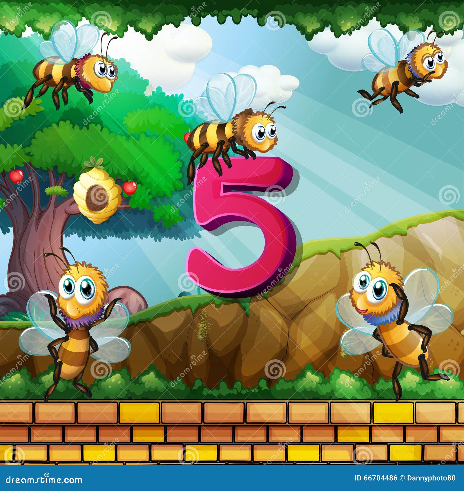 Number Five with 5 Bees Flying in Garden Stock Vector - Illustration of ...