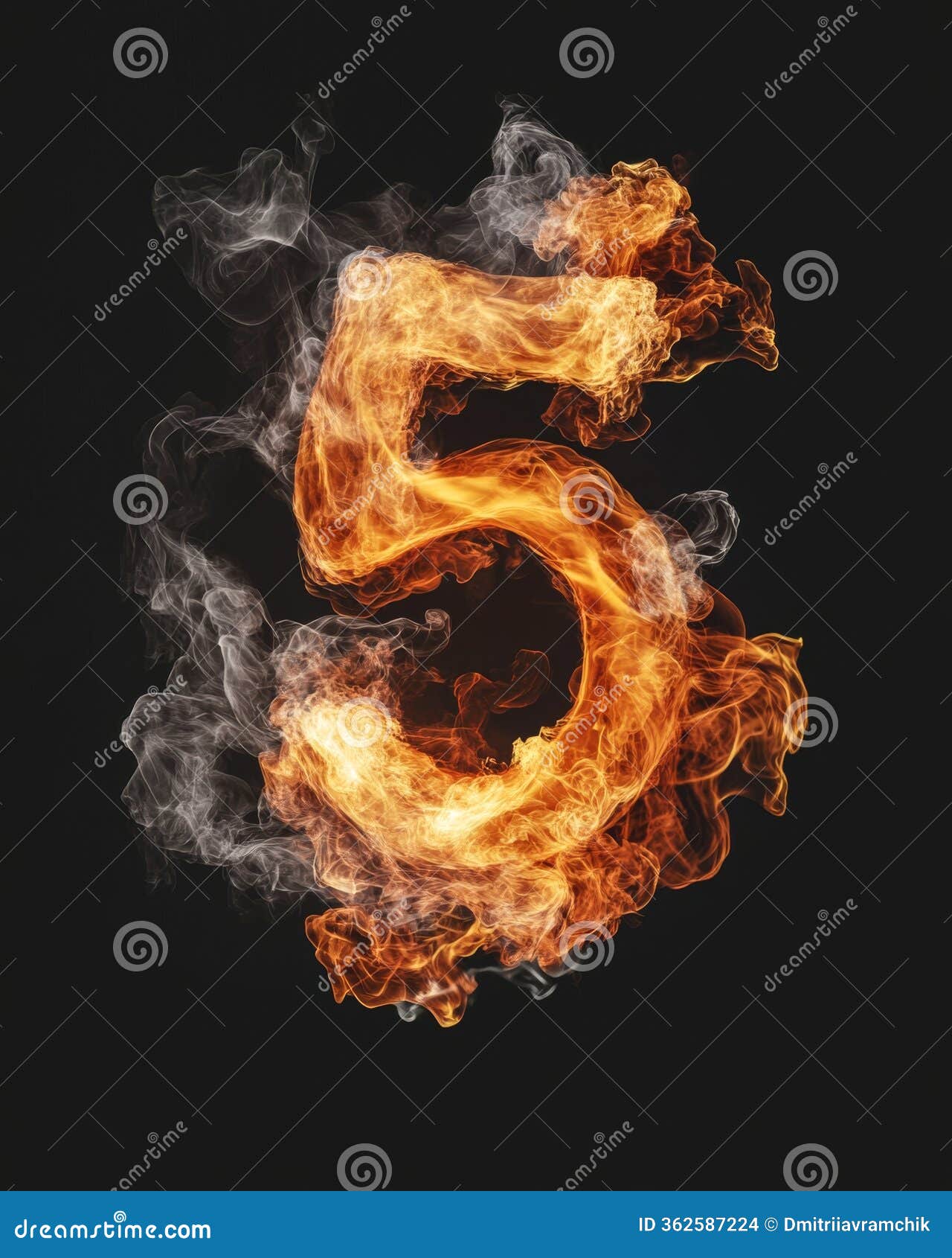 Number Five, Designed with Flames on a Black Background, Creates a ...