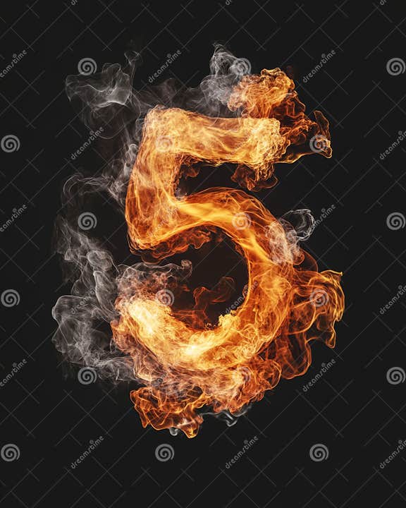 Number Five, Designed with Flames on a Black Background, Creates a ...