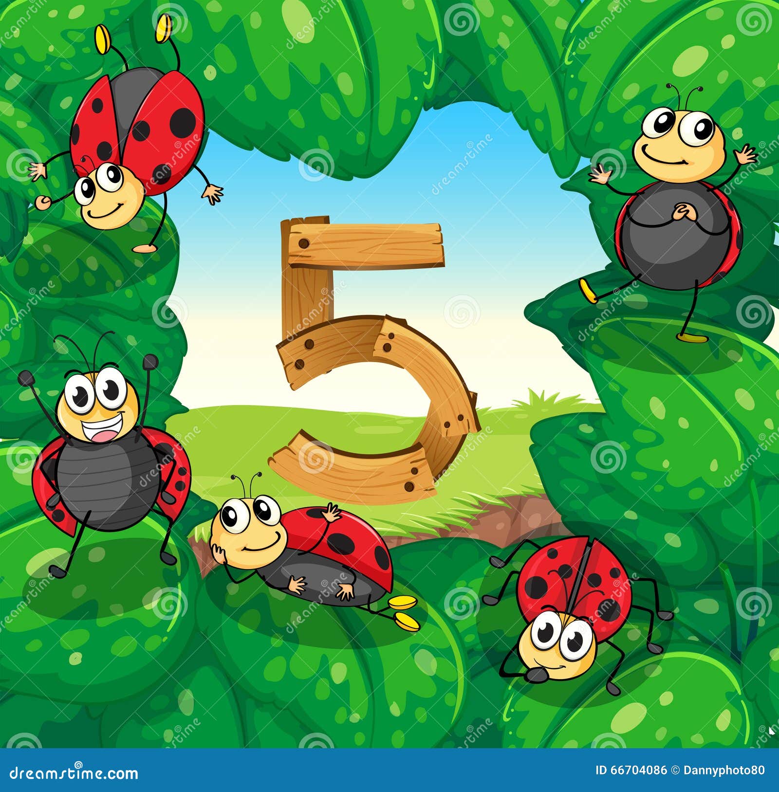 Number Five with Five Ladybugs on Leaves Stock Vector - Illustration of ...