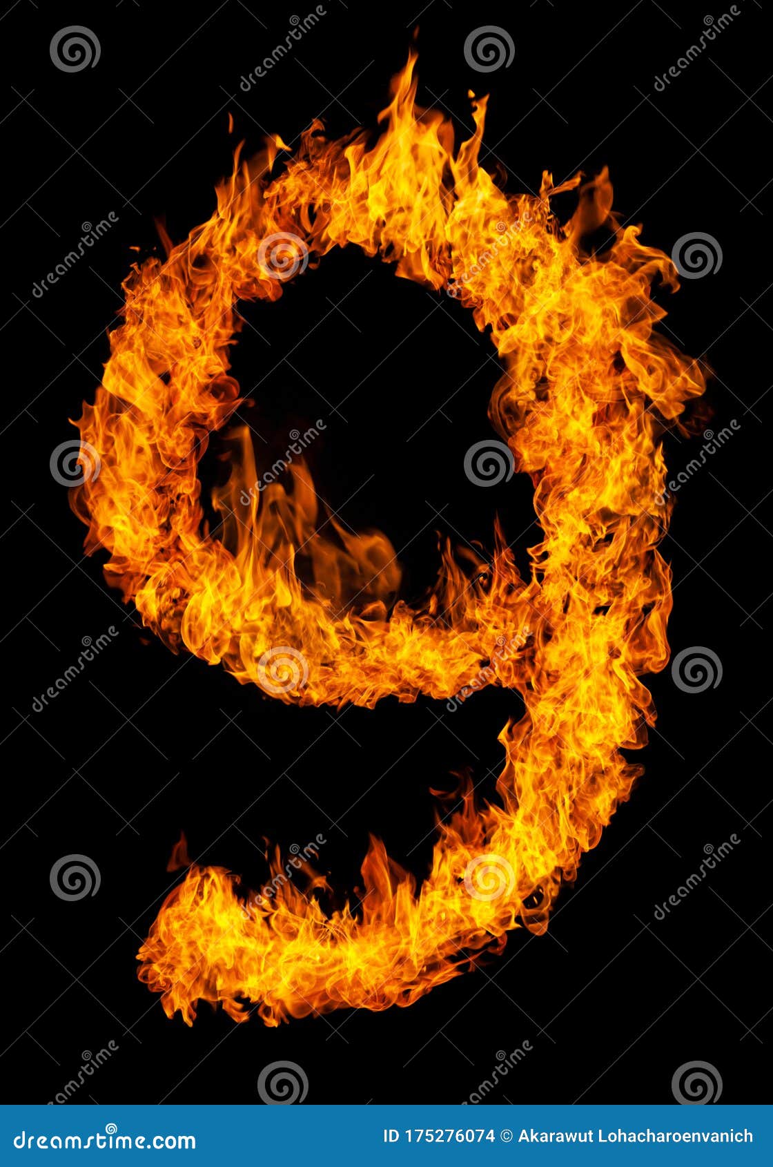 Number 9 Font in Burning Fire Isolated on Dark Background for Numeric ...
