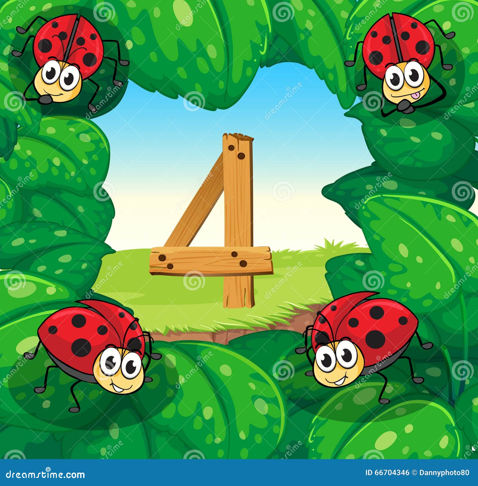 Number Four with 4 Ladybugs on Leaves Stock Vector - Illustration of ...