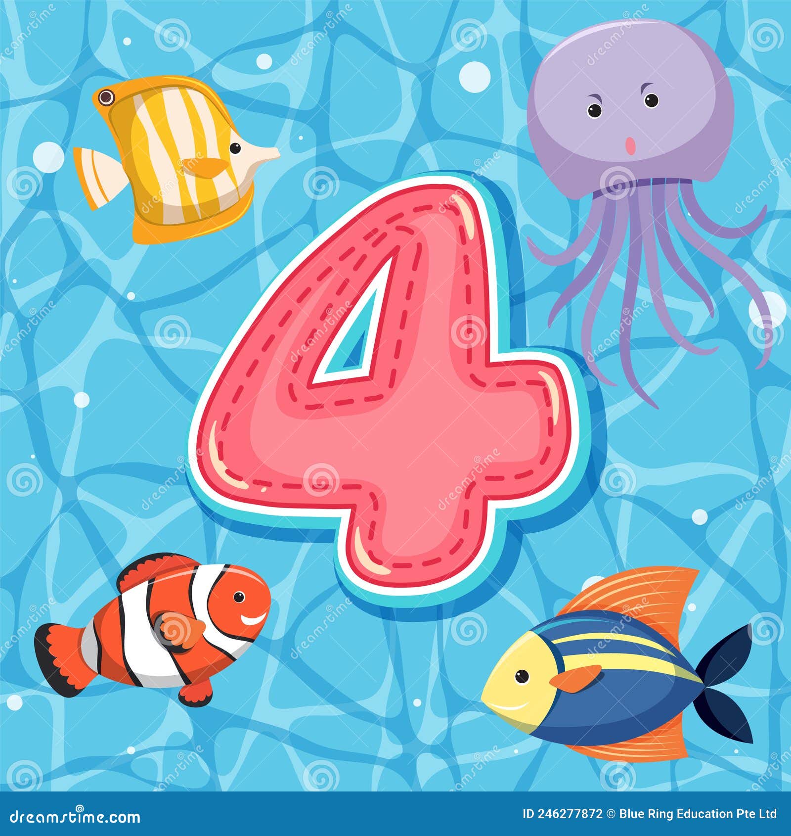 Number Four with Sea Animals Stock Vector - Illustration of drawing ...