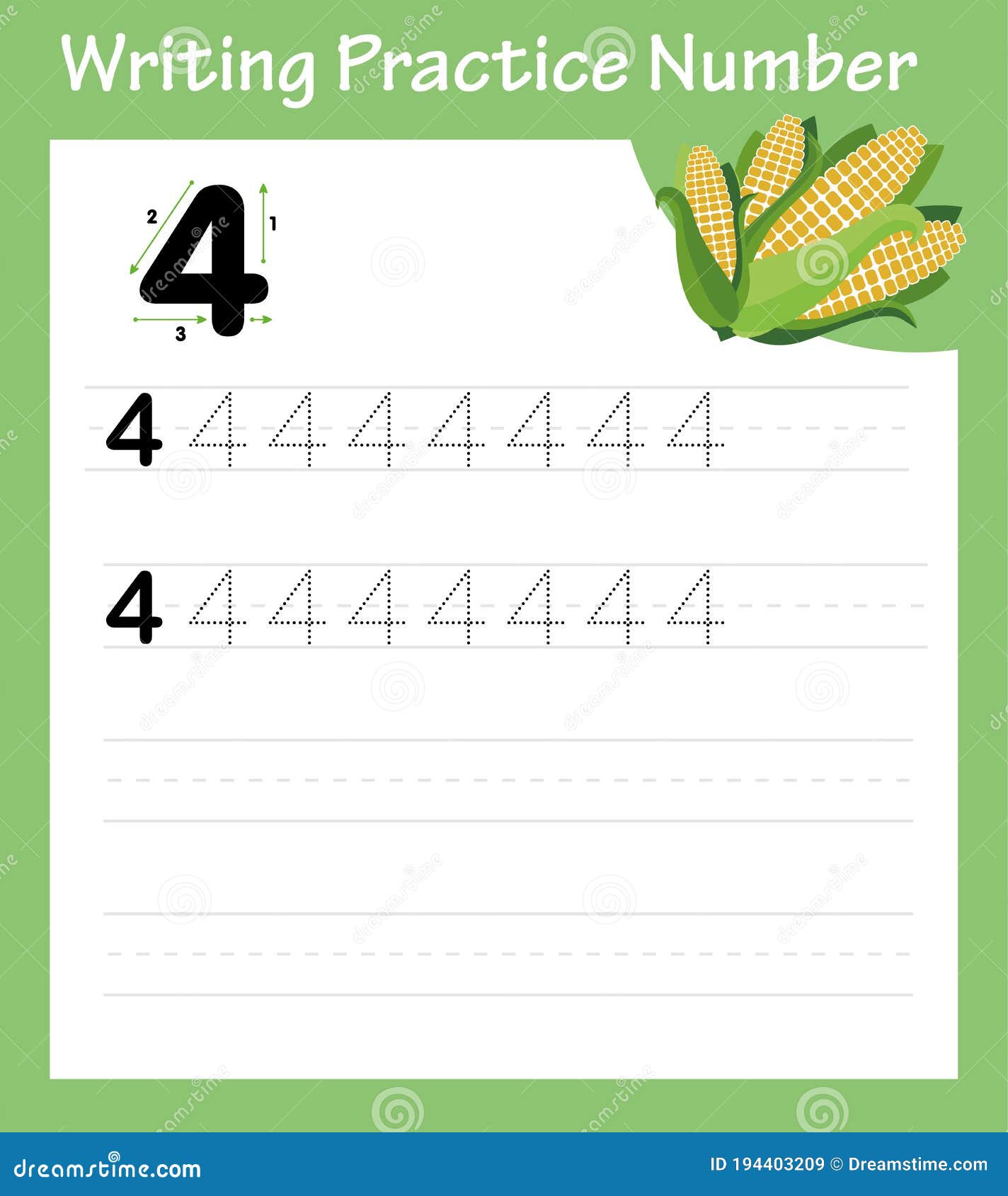 Writing practice number 4 stock vector. Illustration of dash - 194403209