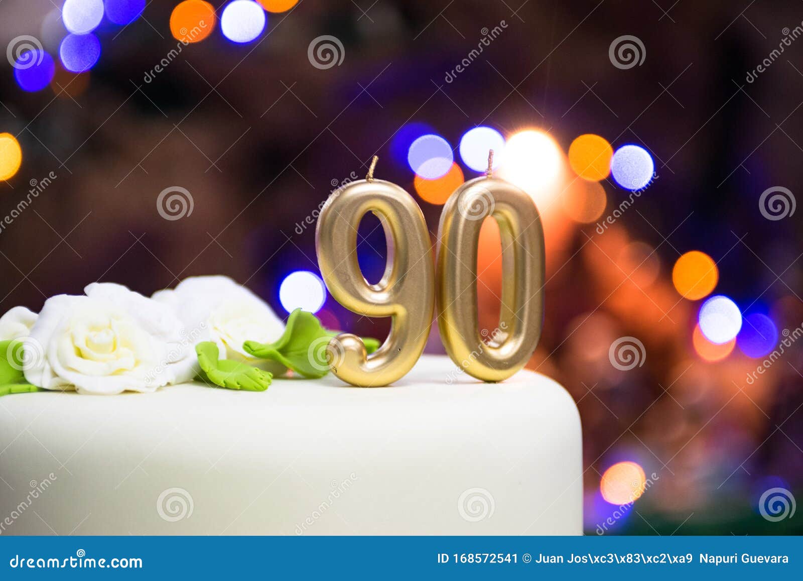 Number 90 Gold Celebration Candle on Star and Glitter Background. Stock ...