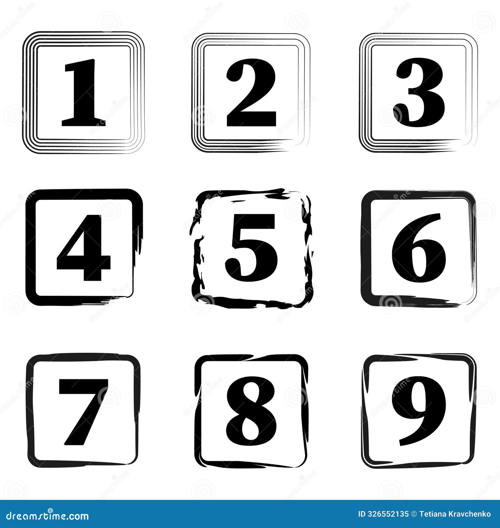 Number Icon Set. Black Numbers. Grunge Borders. Vector Illustration ...