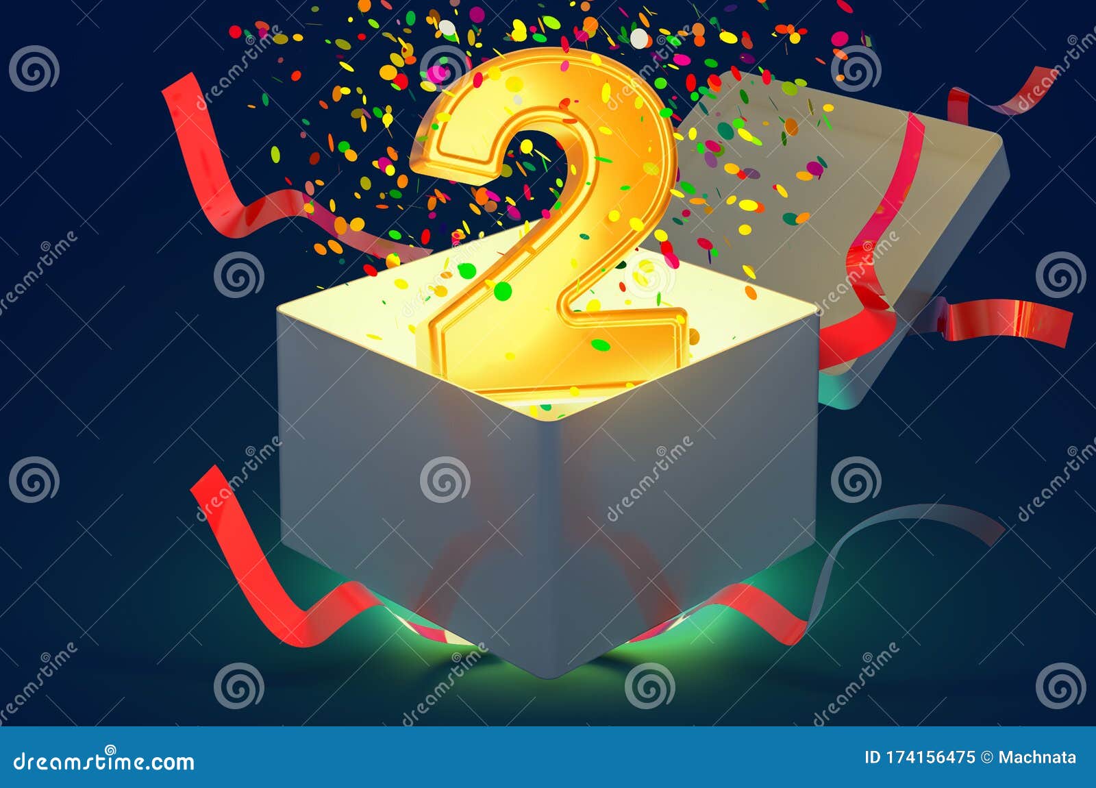Number 2 Inside Gift Box with Confetti and Shiny Light, 3D Rendering ...