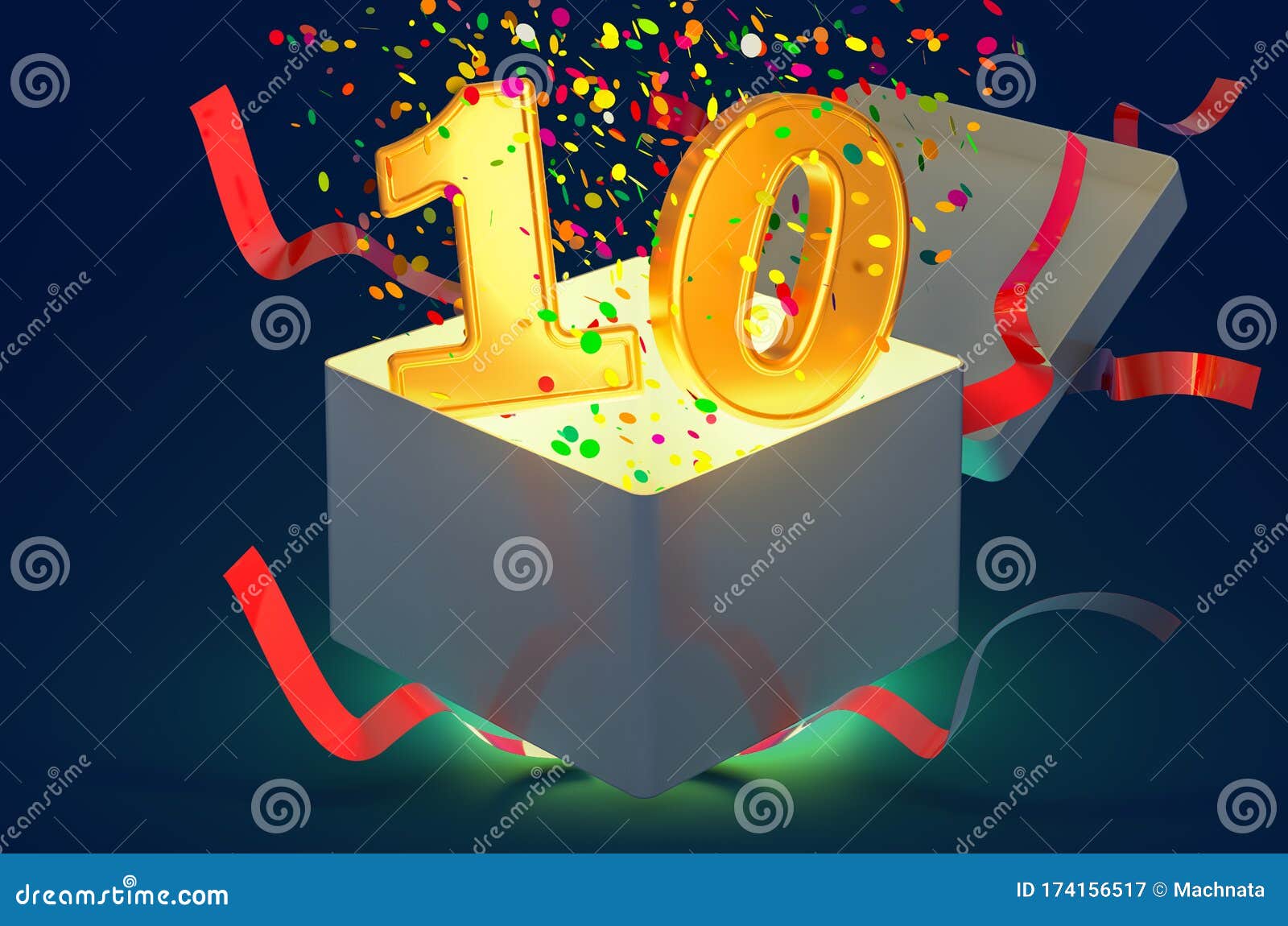 Number 10 Inside Gift Box with Confetti and Shiny Light, 3D Rendering ...