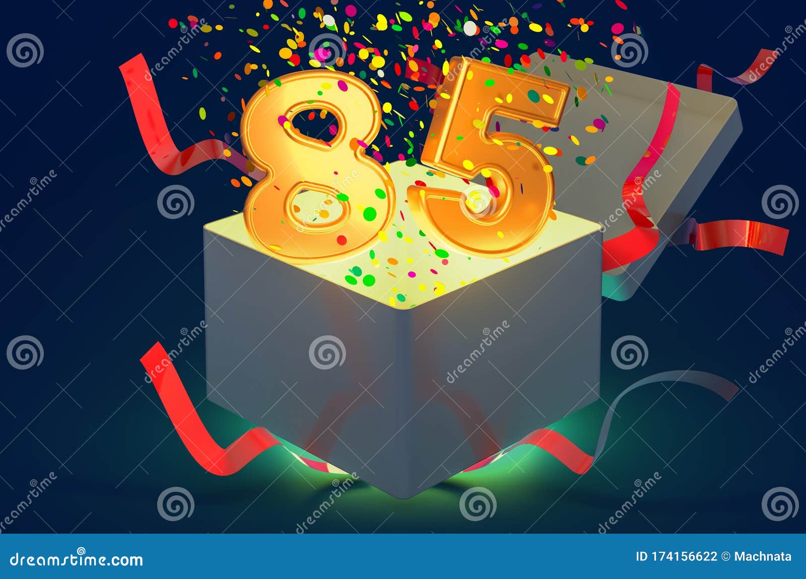 Number 85 Inside Gift Box with Confetti and Shiny Light, 3D Rendering ...