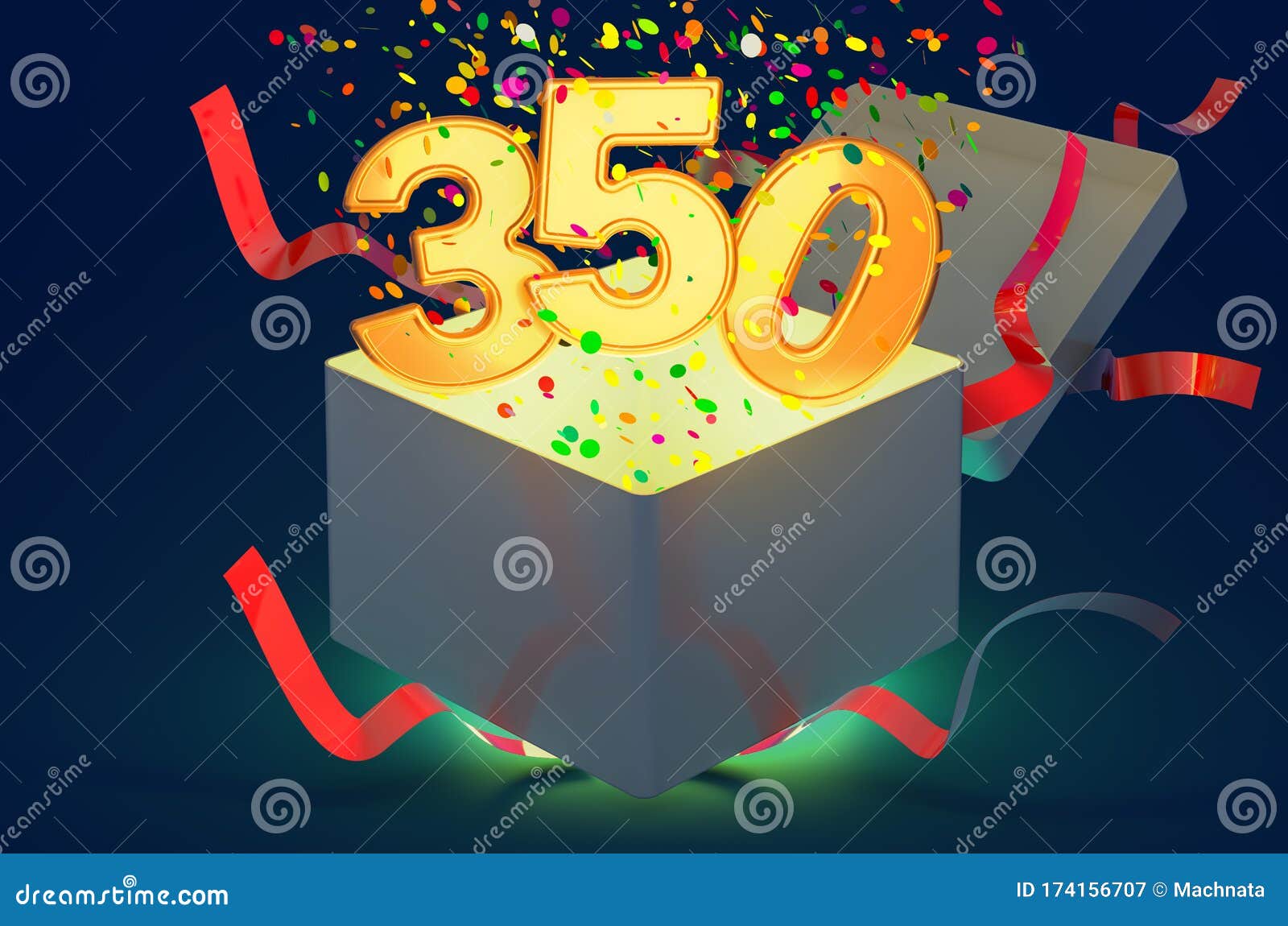 Number 350 Inside Gift Box with Confetti and Shiny Light, 3D Rendering ...