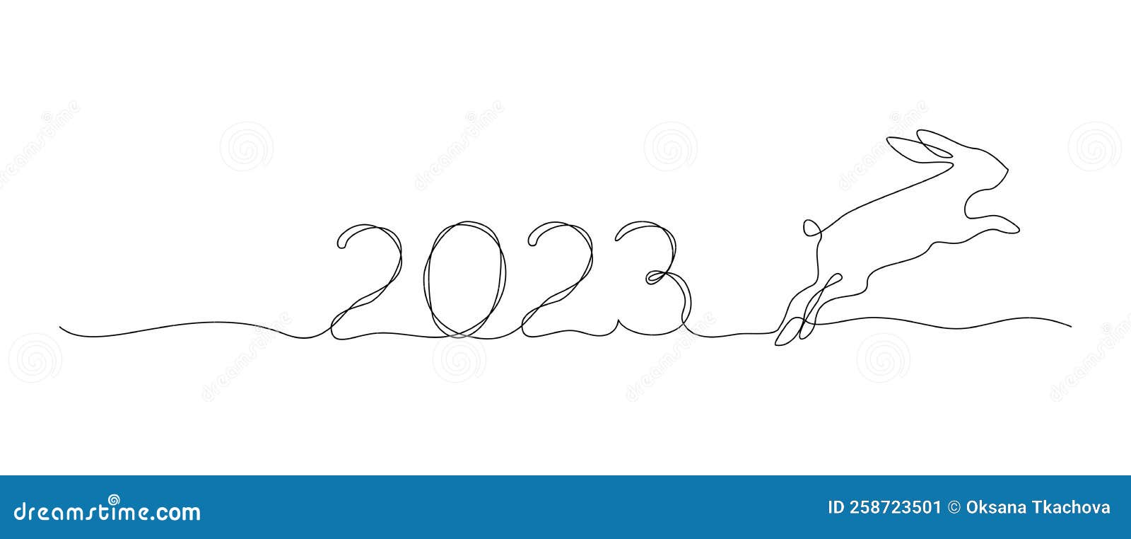 Number 2023 and Jumping Rabbit in Line Art Style on a White Background ...