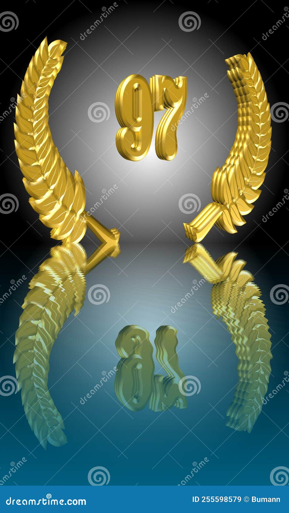 Number 97 with Laurel Wreath or Honor Wreath As a 3D-illustration, 3D ...