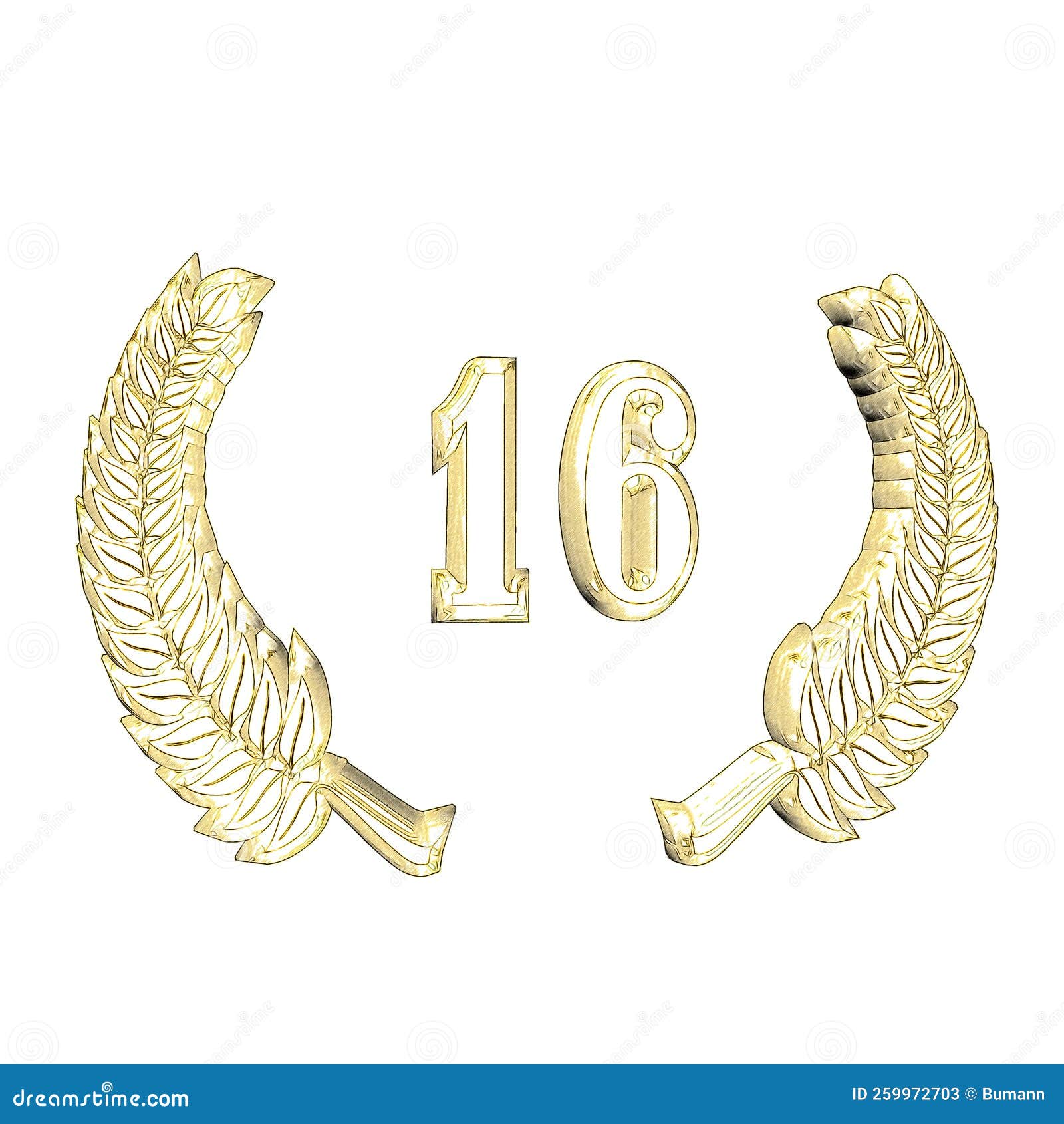 Number 16 with Laurel Wreath or Honor Wreath As a 3D-illustration, 3D ...