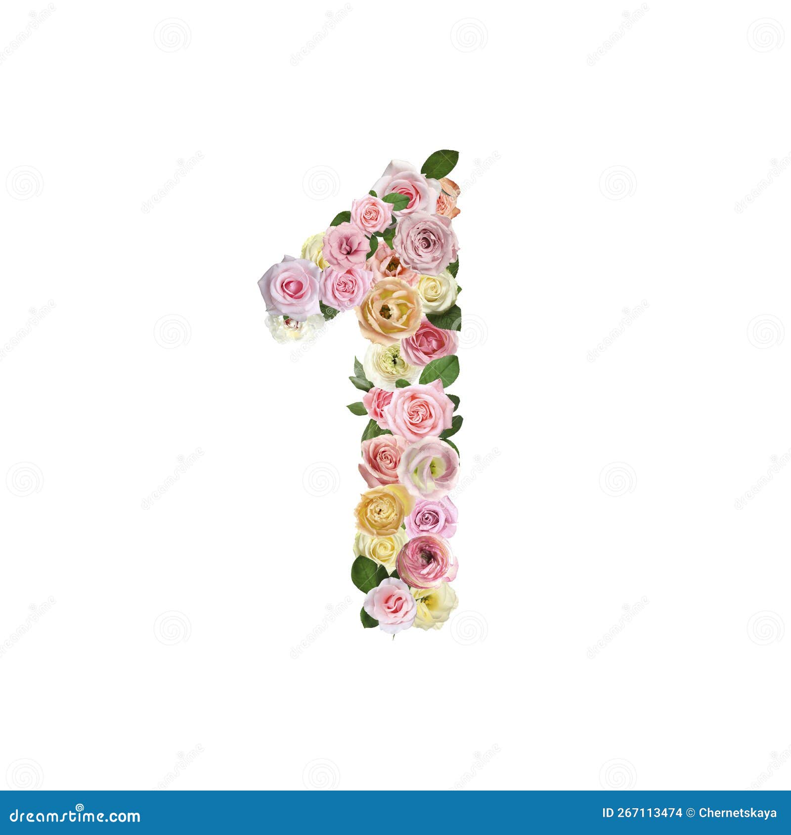 Number 1 Made of Beautiful Rose Flowers on White Background Stock ...