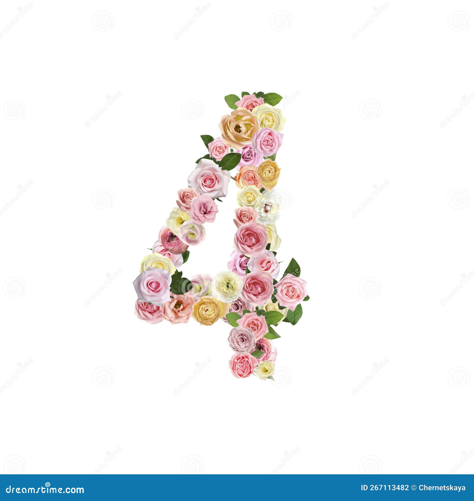 Number 4 Made of Beautiful Rose Flowers on White Background Stock ...