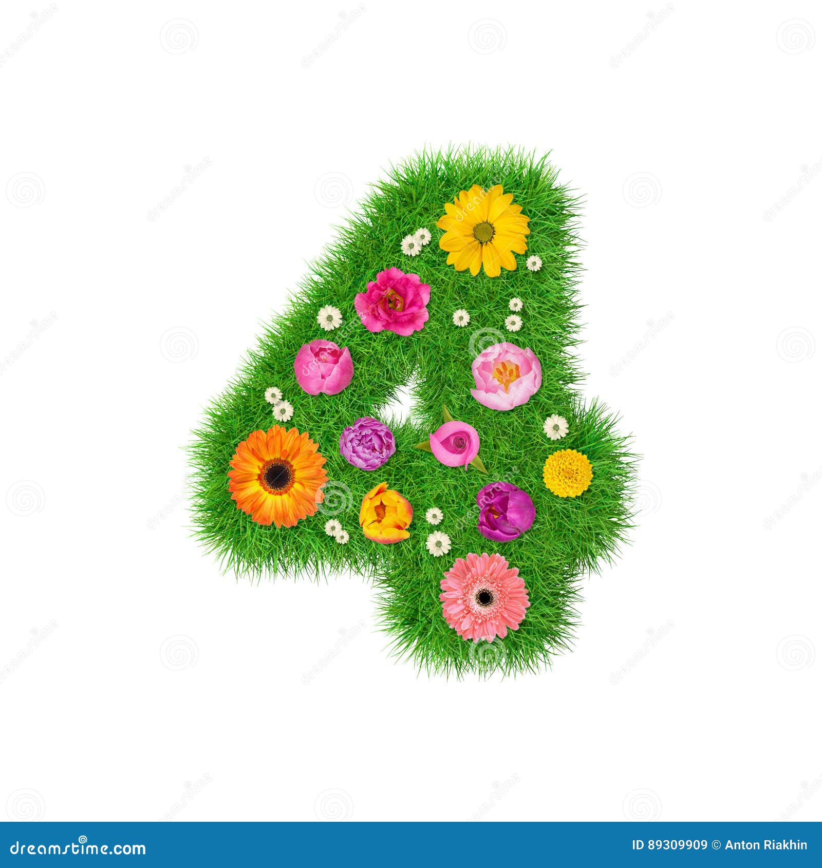 Number 4 Made of Grass and Colorful Flowers Stock Illustration ...