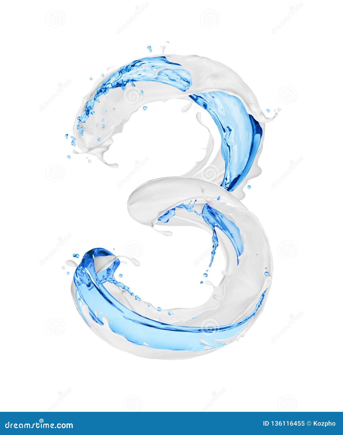 Number 3 Made with Milk and Water Splashes on White Background Stock ...