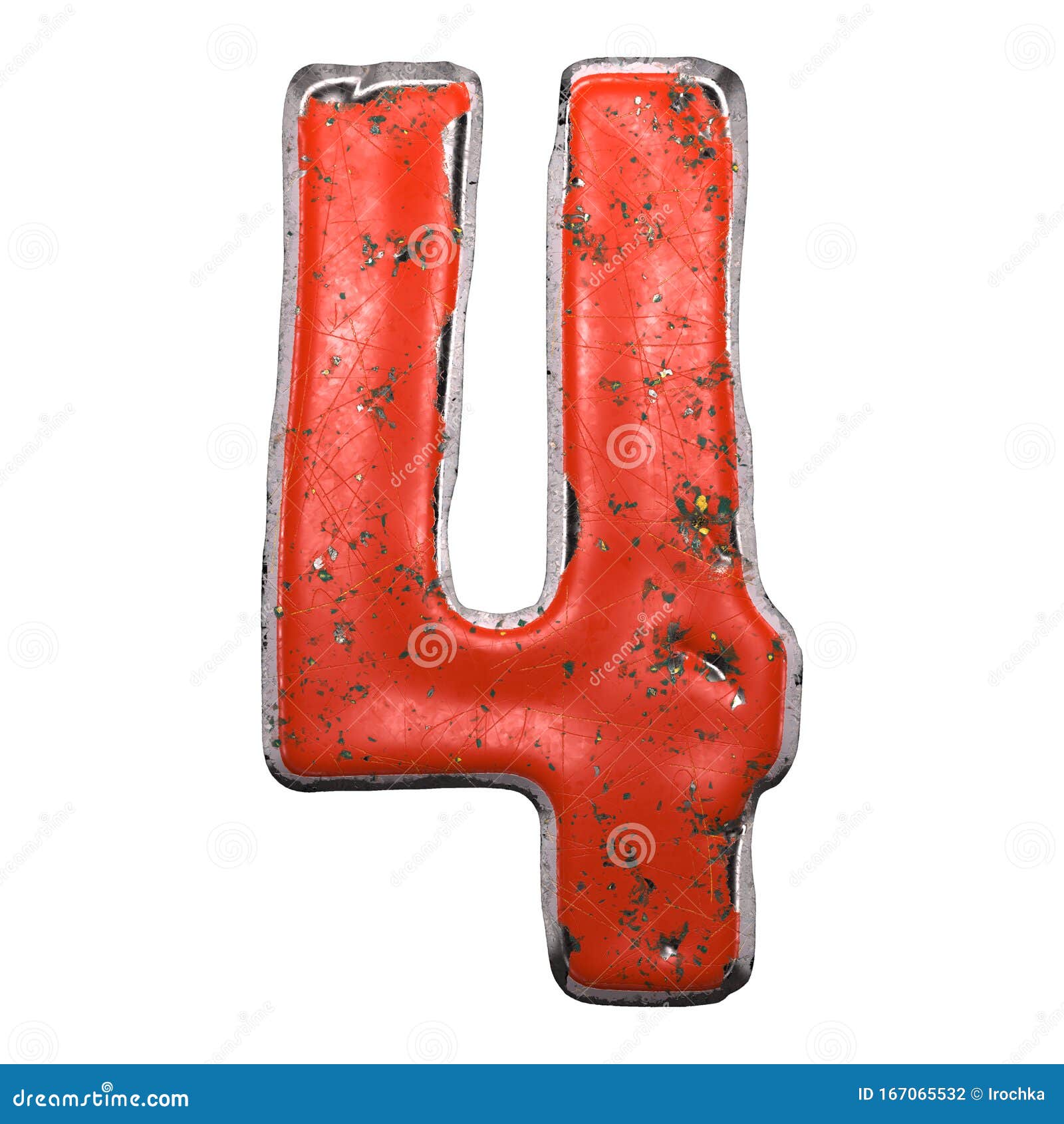 Number 4 Made of Red Paintad Metal Isolated on White Background. 3d ...