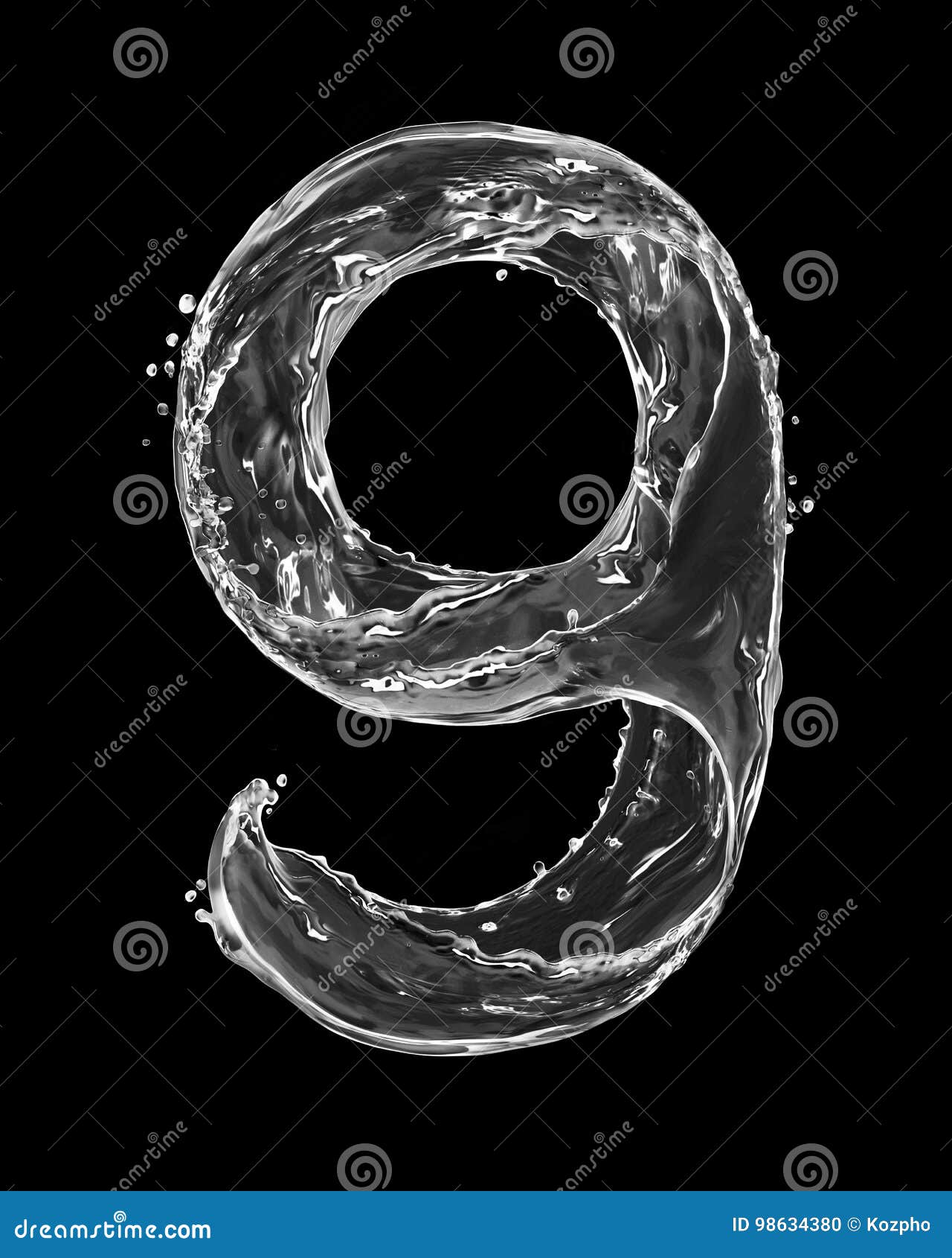 Number 9 Made with a Splashes of Water Isolated on Black Stock Photo ...