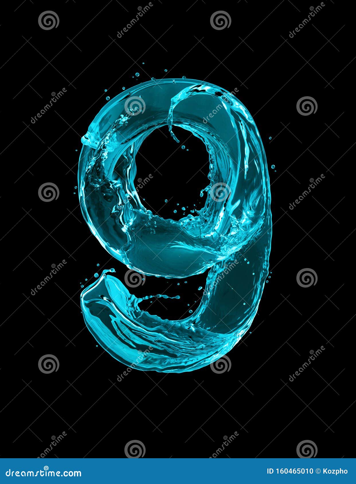 Number 9 Made of Turquoise Splashes of Water on Black Background Stock ...