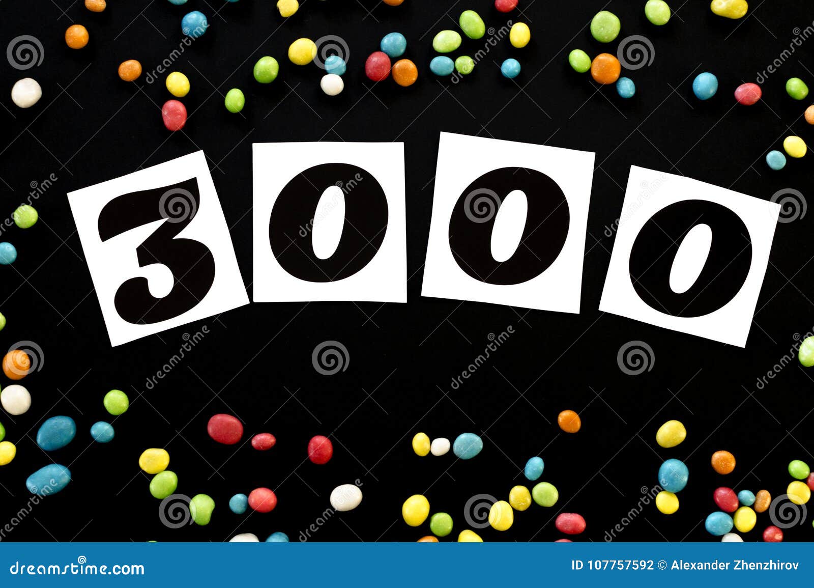 Number 3000 with Multicolored Candy Around on Black Background Stock ...