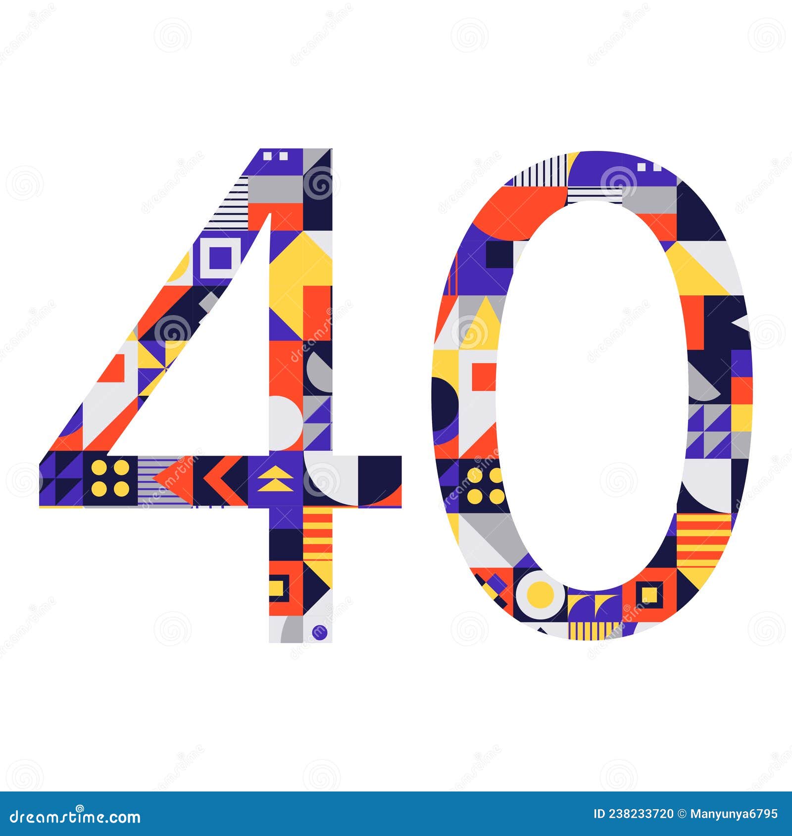 Number 40 from Multicolored Geometric Shapes Isolated on White. Neo Geo ... Number 40 from Multicolored Geometric Shapes Isolated on White. Neo Geo ...