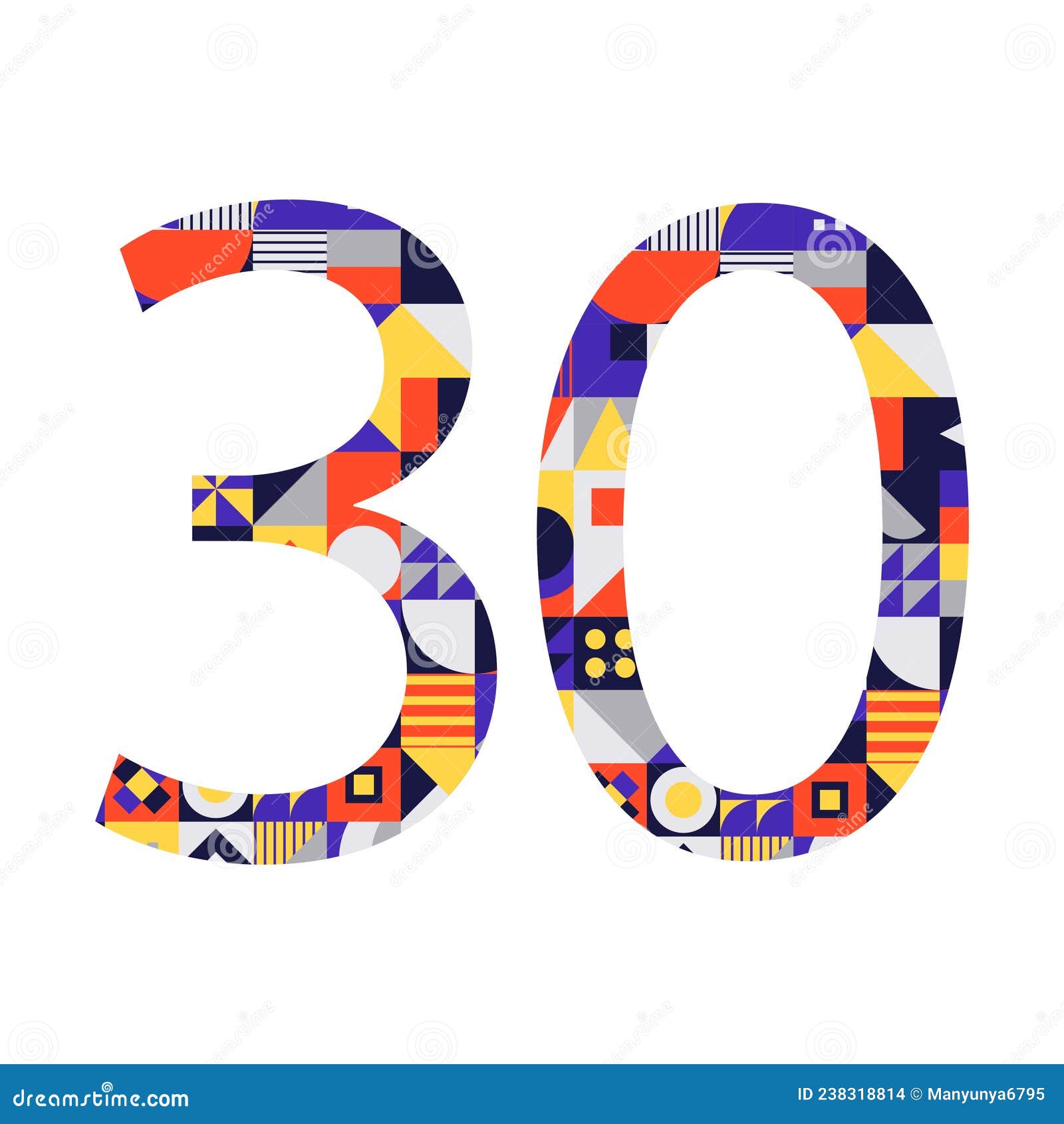 Number 30 from Multicolored Geometric Shapes Isolated on White. Neo Geo ... Number 30 from Multicolored Geometric Shapes Isolated on White. Neo Geo ...