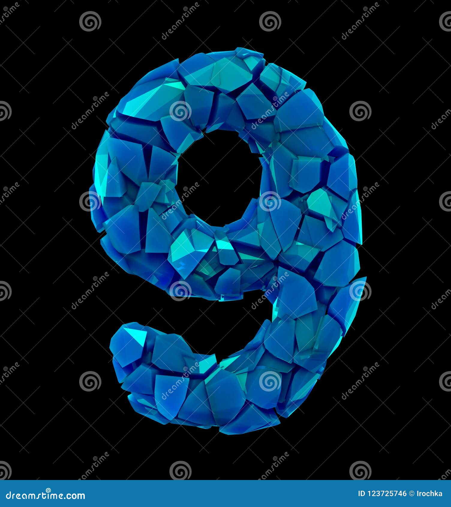 Number Nine 9 Made of Broken Plastic Blue Color Isolated Black ...
