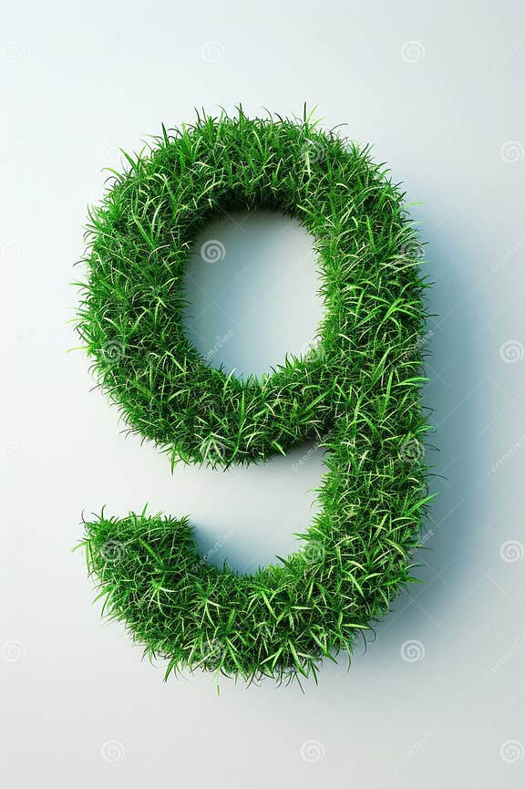The Number Nine or 9 is Made of Grass, 3D Render, with a White ...