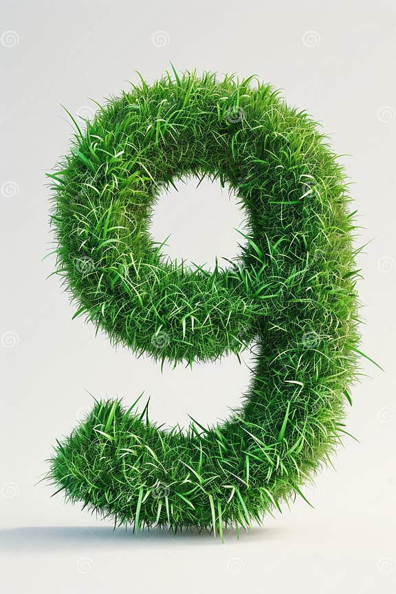 The Number Nine or 9 is Made of Grass, 3D Render, with a White ...