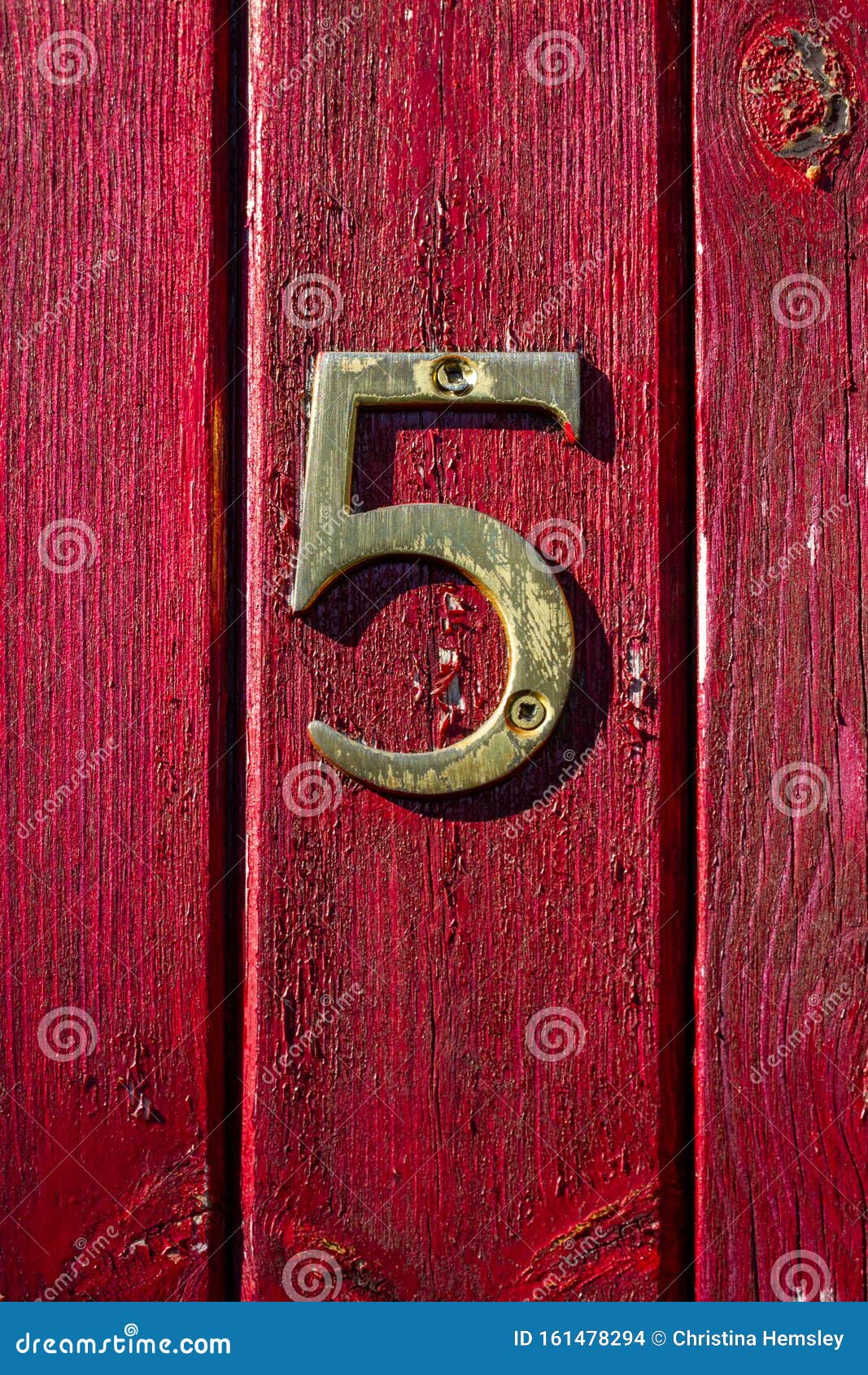 Number 5 on an Old Red Door Stock Photo - Image of closeup, design ...