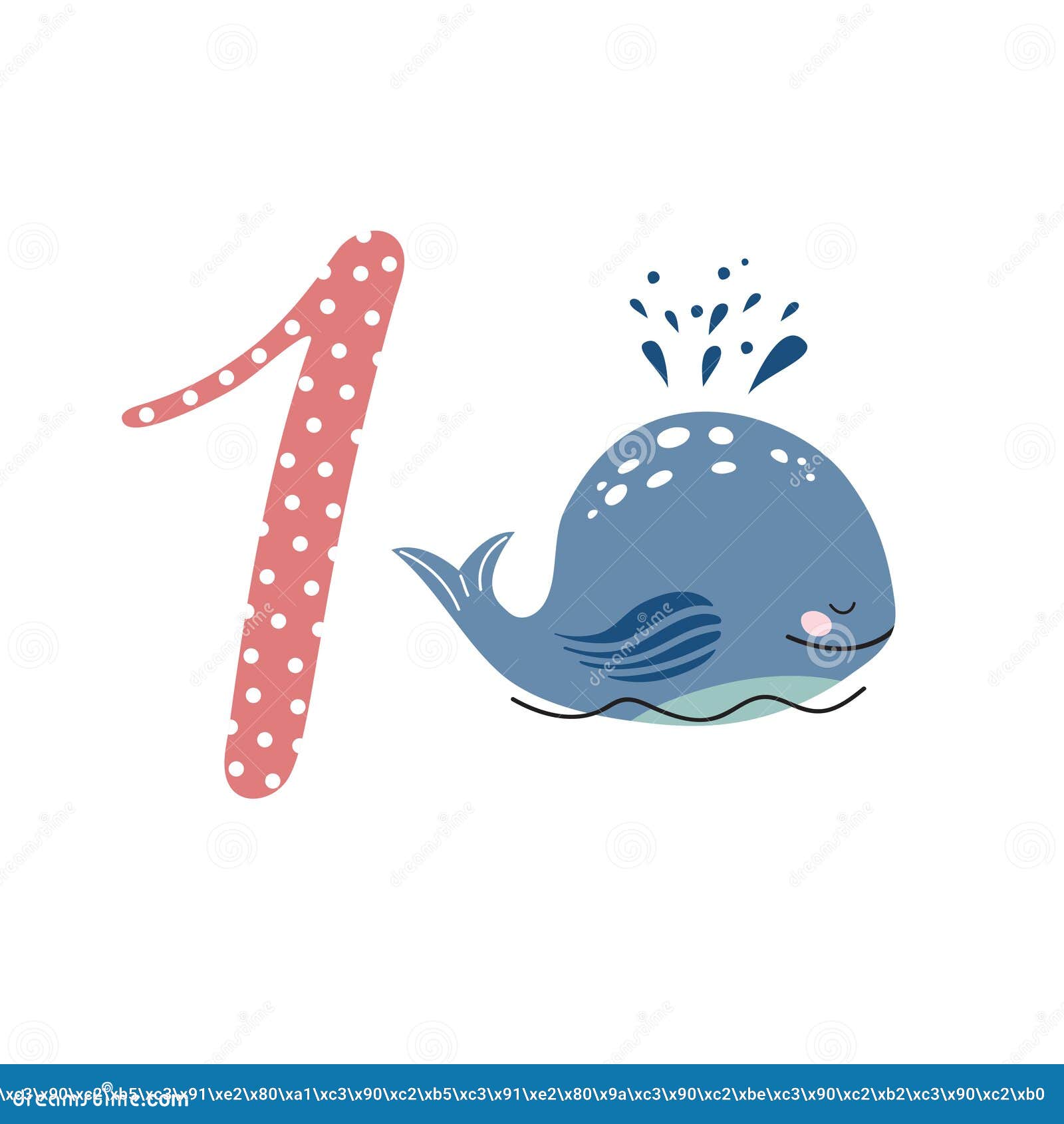 Number One and Cute Cartoon Whale. Counting Training Stock Vector ...
