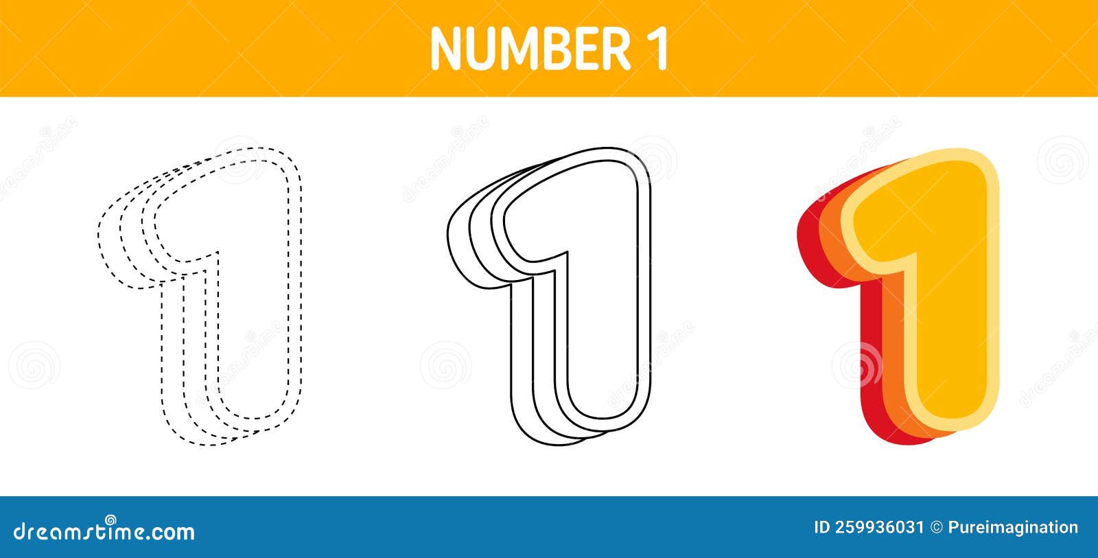 Number 1 Orange, Tracing and Coloring Worksheet for Kids Stock Vector ...