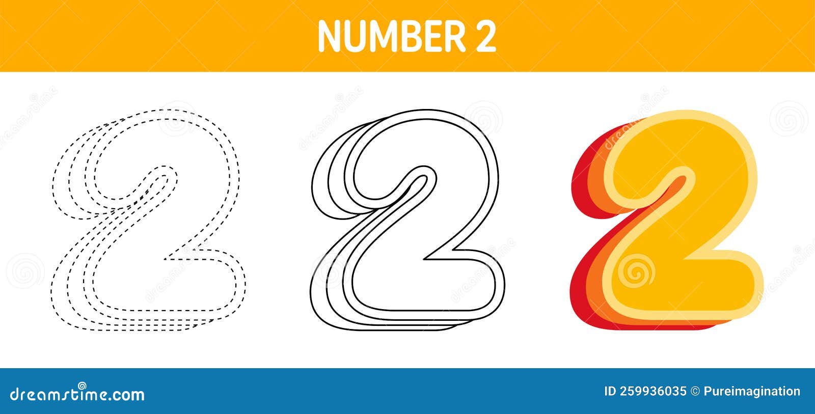 Number 2 Orange, Tracing and Coloring Worksheet for Kids Stock Vector ...