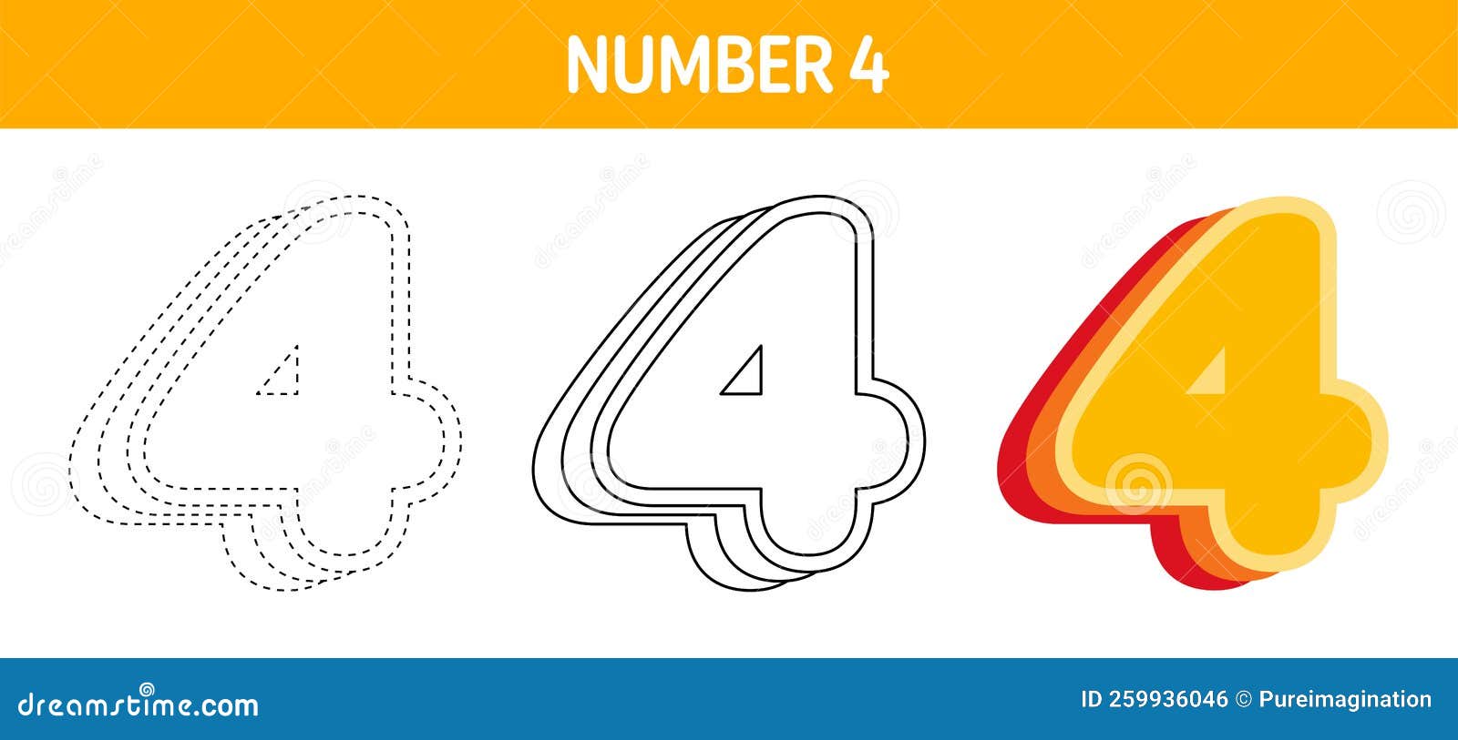 Number 4 Orange, Tracing and Coloring Worksheet for Kids Stock Vector ...
